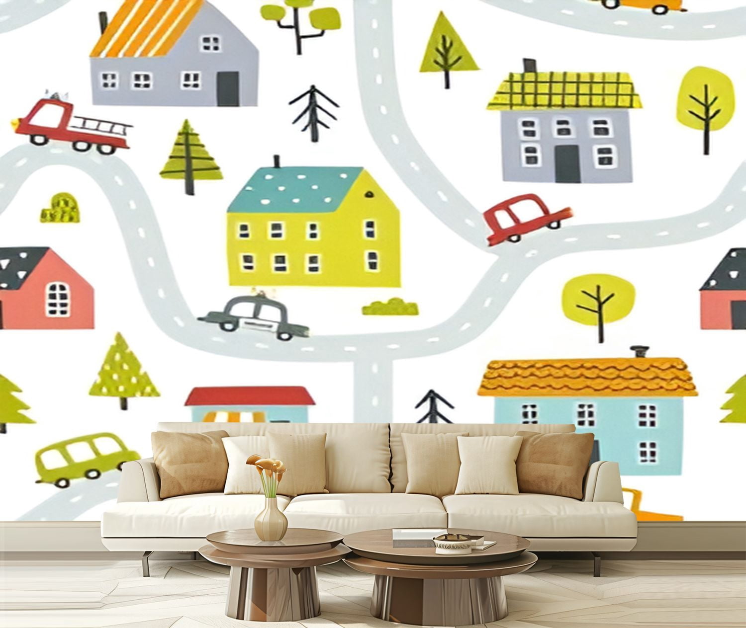 Peel and Stick Wallpaper Canvas Cute cartoon city map seamless Doodle ...