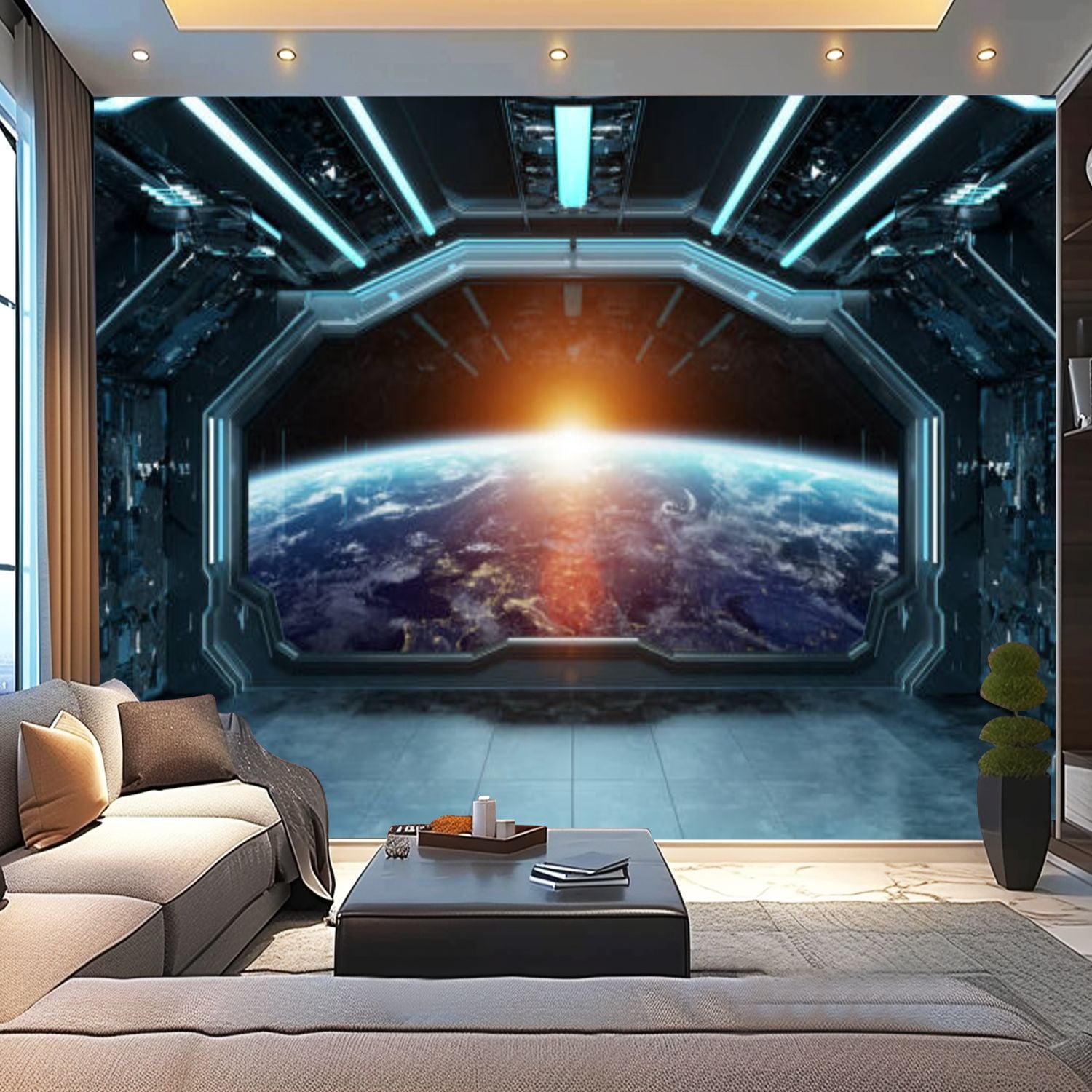 Peel and Stick Wallpaper Canvas Dark blue spaceship interior window ...
