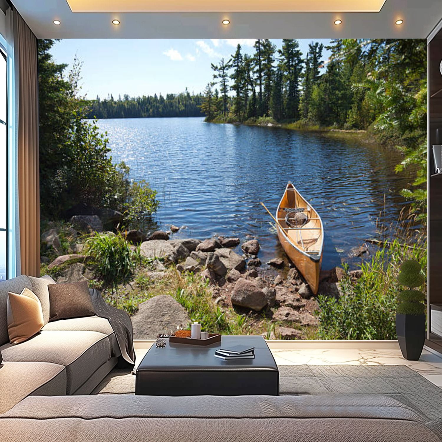 Peel and Stick Wallpaper Canvas Fisherman s canoe rocky shore northern ...