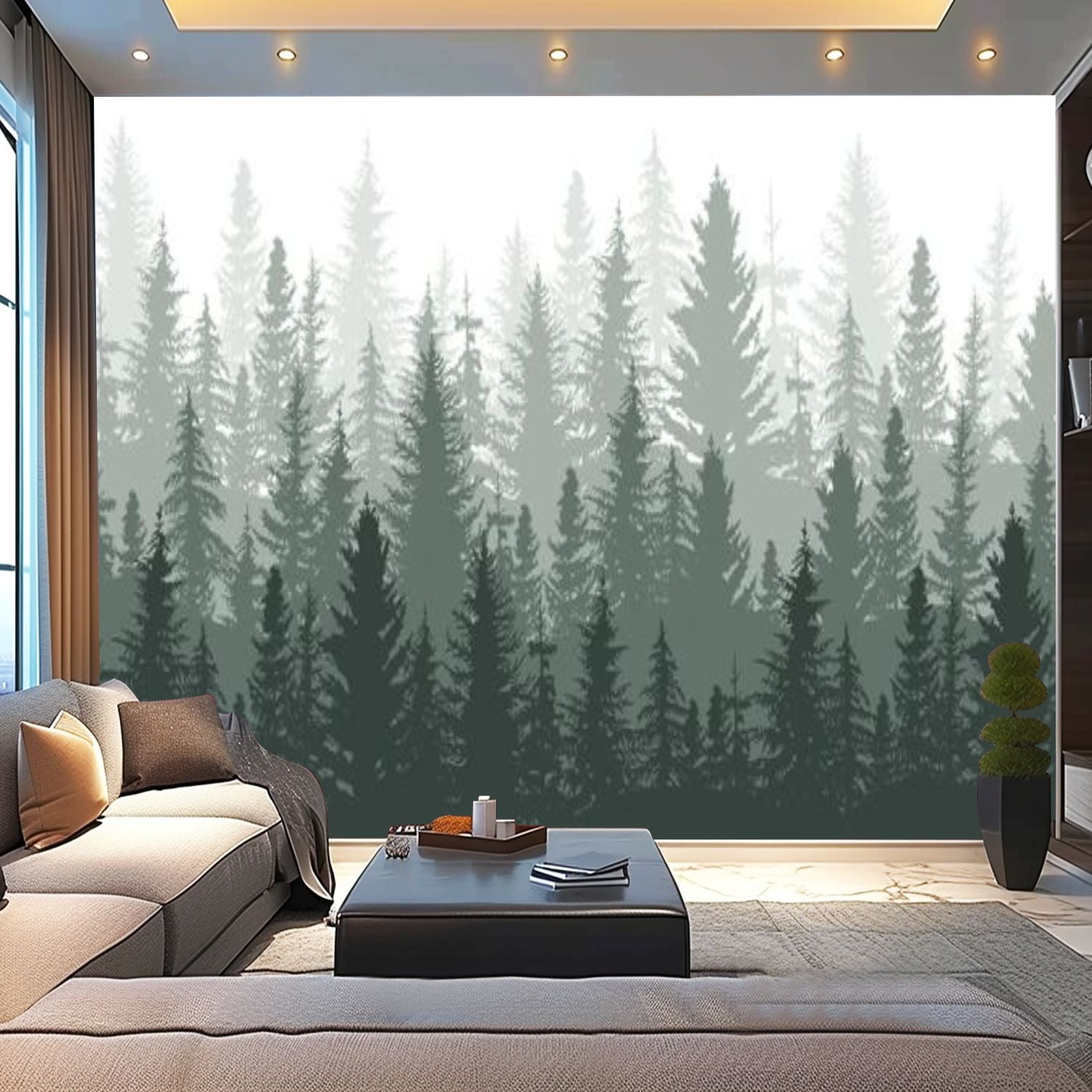 Peel and Stick Wallpaper Canvas Forest panorama view Pine tree landscape Spruce silhouette ...