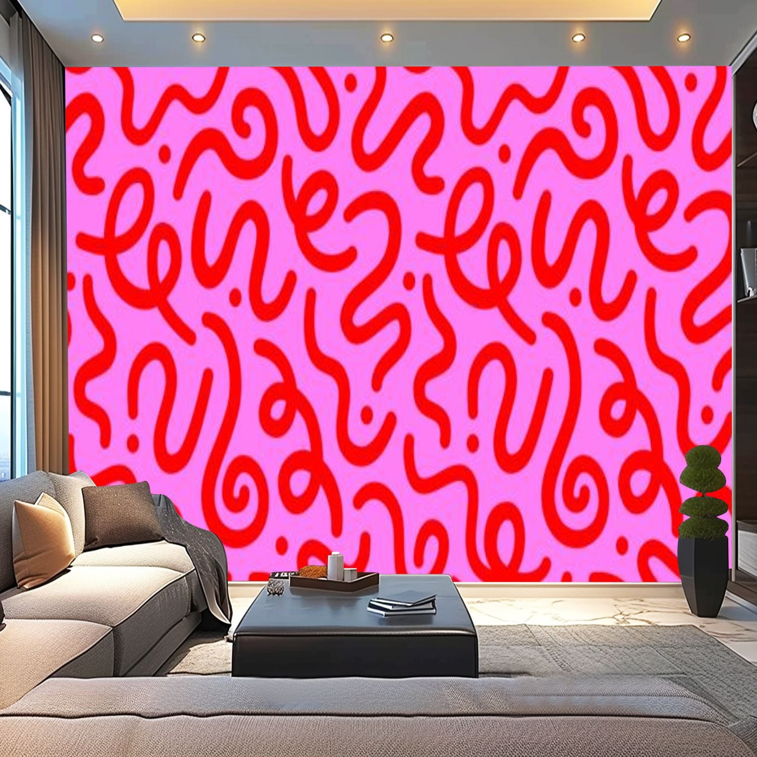 Peel and Stick Wallpaper Canvas Fun pink line doodle seamless Creative abstract squiggle style ...