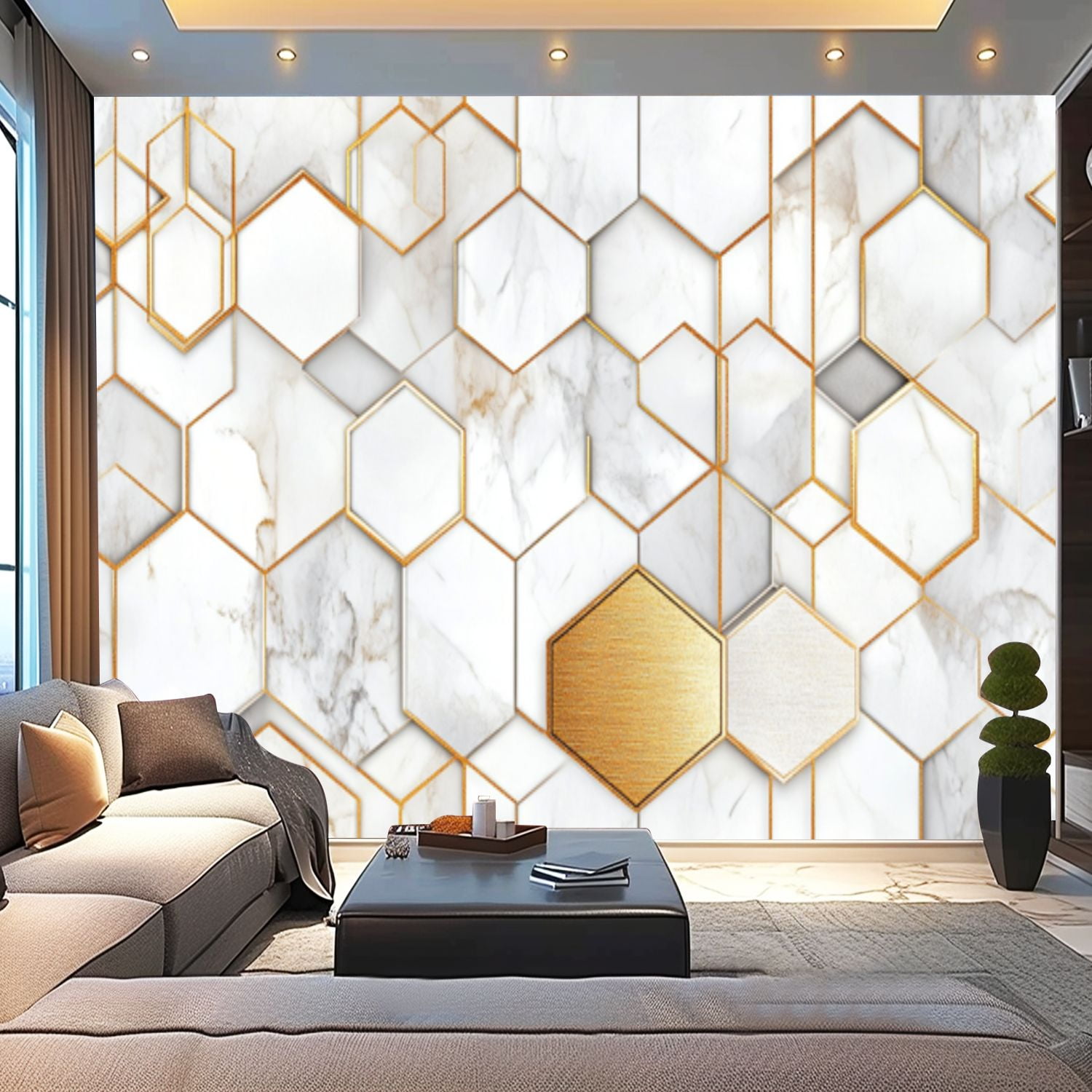Peel and Stick Wallpaper Canvas Hexagonal Patterns Gold Outlines White ...
