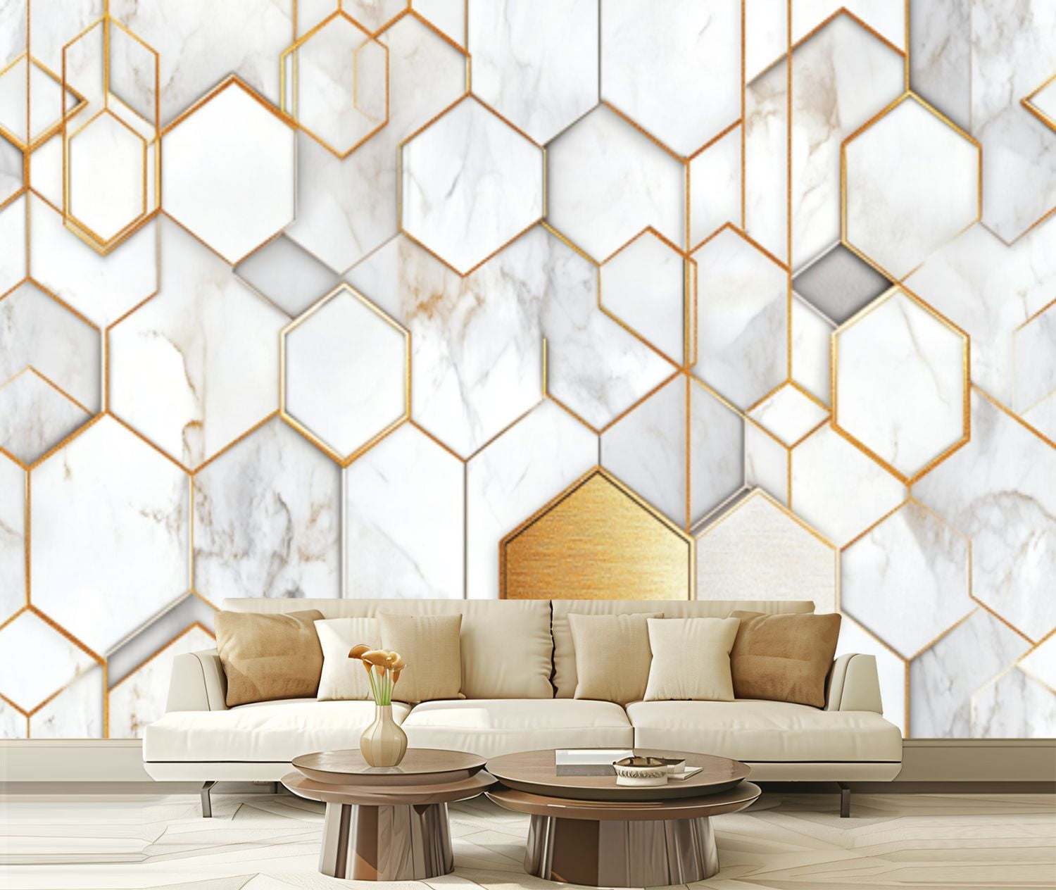 Peel and Stick Wallpaper Canvas Hexagonal Patterns Gold Outlines White ...