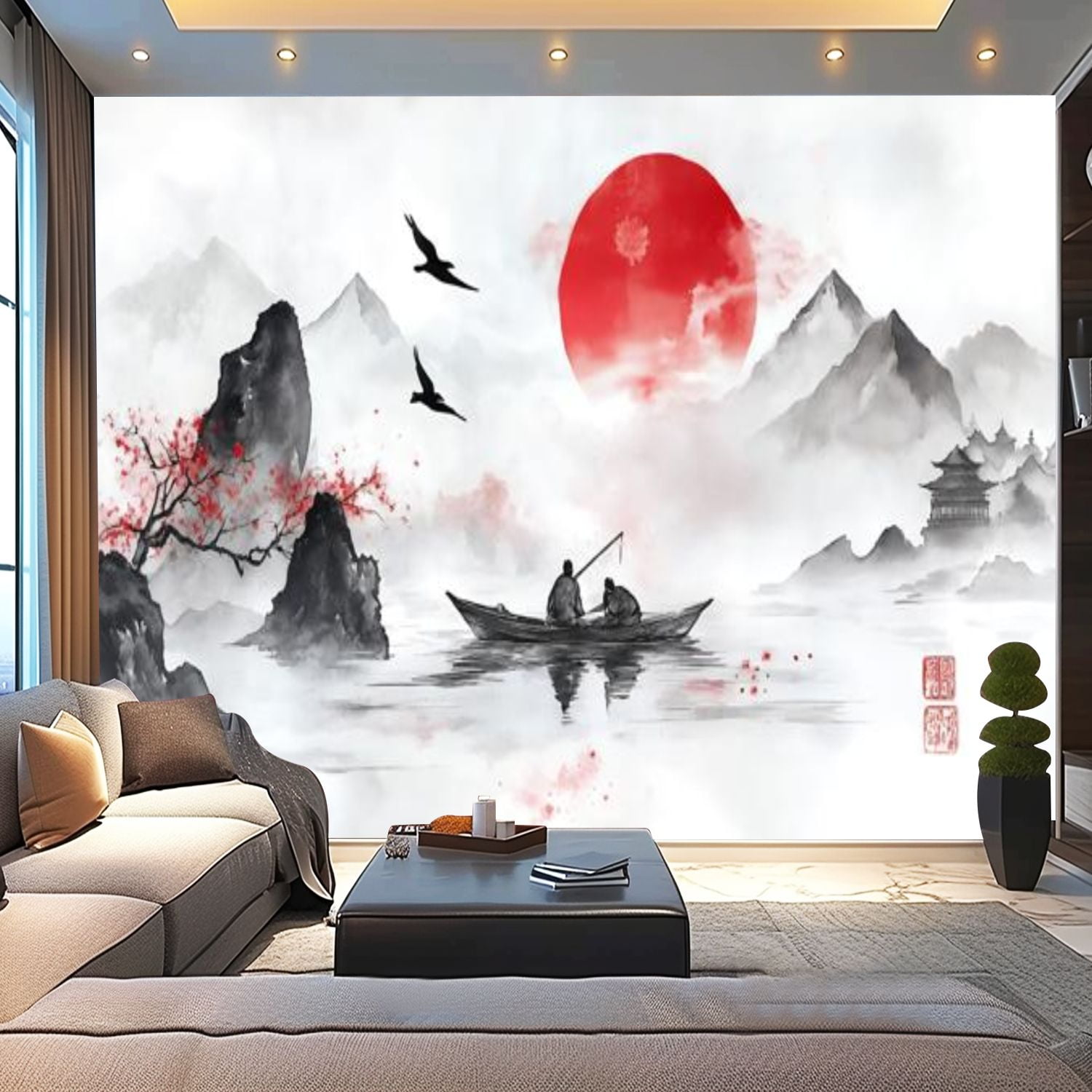 Peel and Stick Wallpaper Canvas Japanese Style Splash Ink Landscape ...