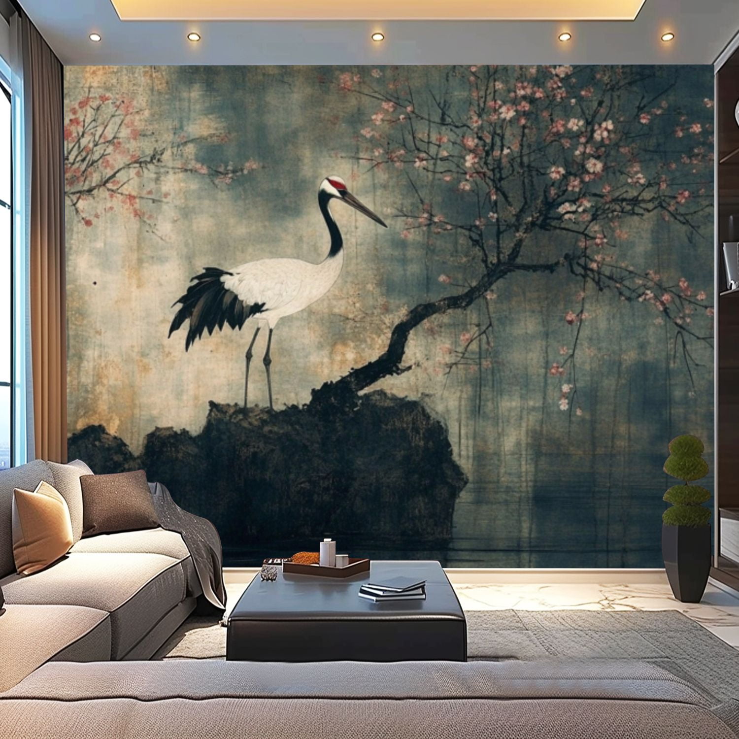 Peel and Stick Wallpaper Canvas Kabuki Japan Black Crane Cherry Blossom ...