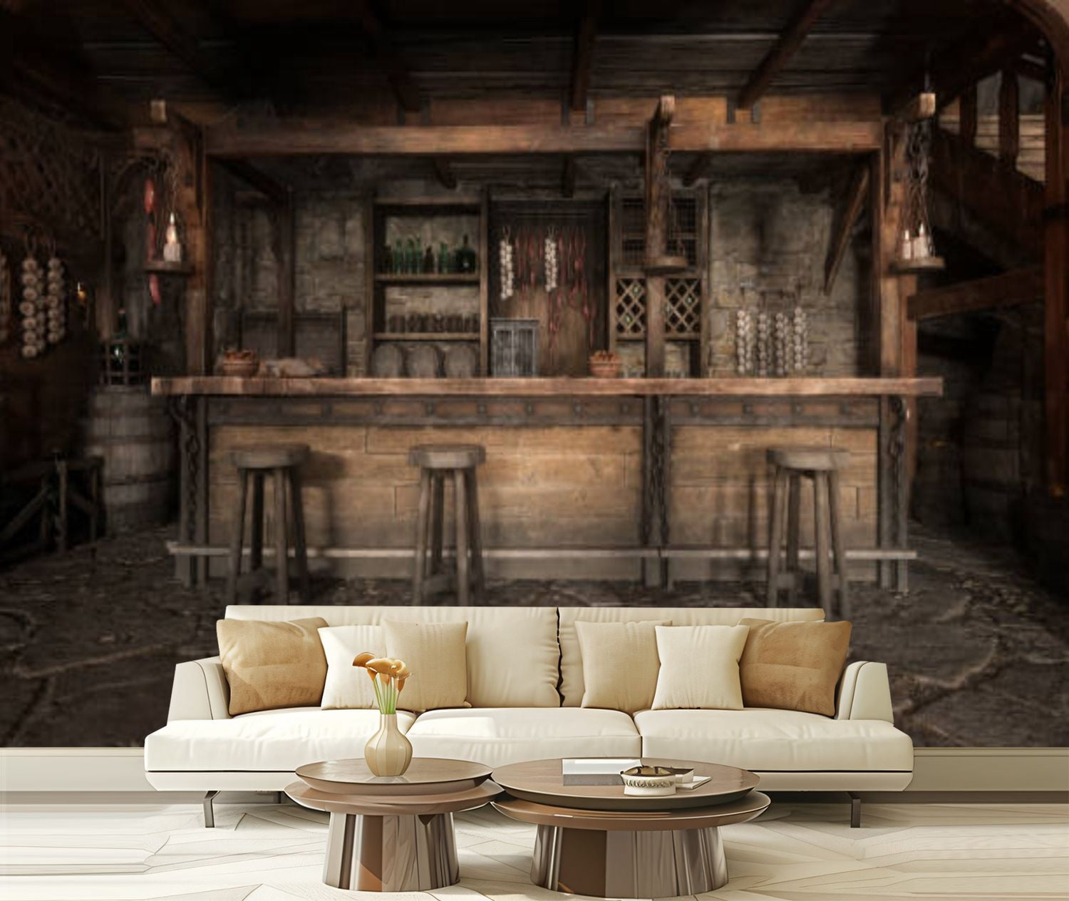 Peel and Stick Wallpaper Canvas Medieval tavern bar wooden stools stone ...