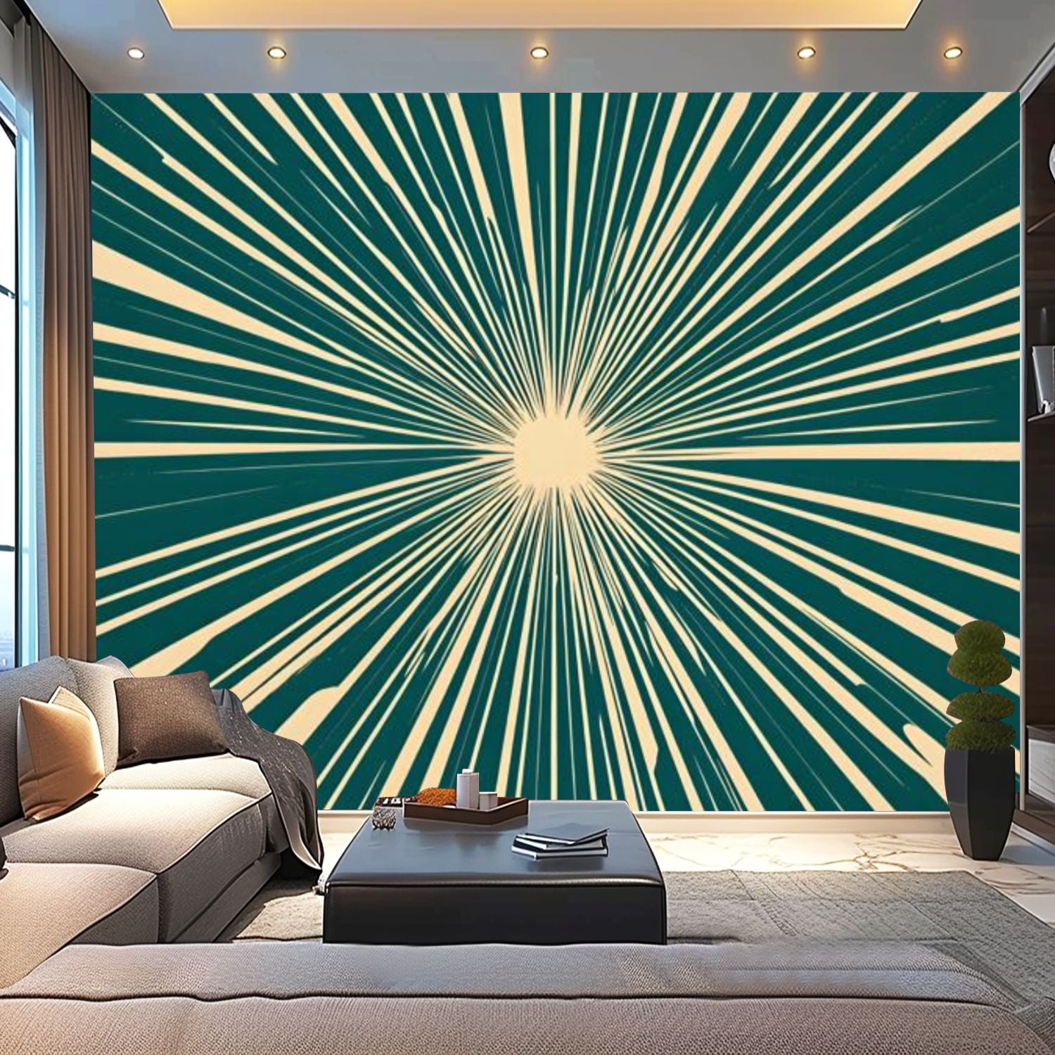 Peel and Stick Wallpaper Canvas Mid Century Teal Gold Radiating Lines ...