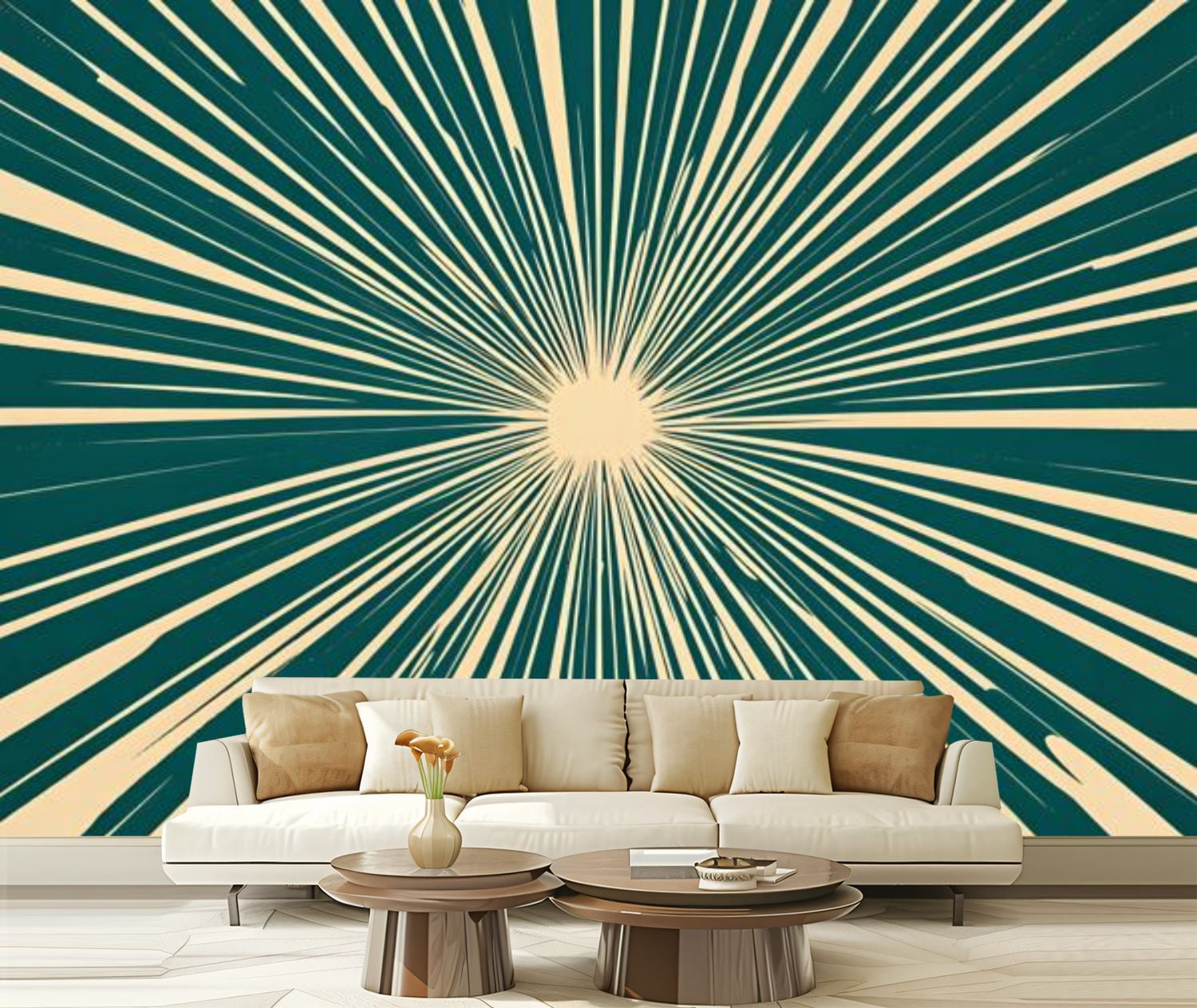 Peel and Stick Wallpaper Canvas Mid Century Teal Gold Radiating Lines ...
