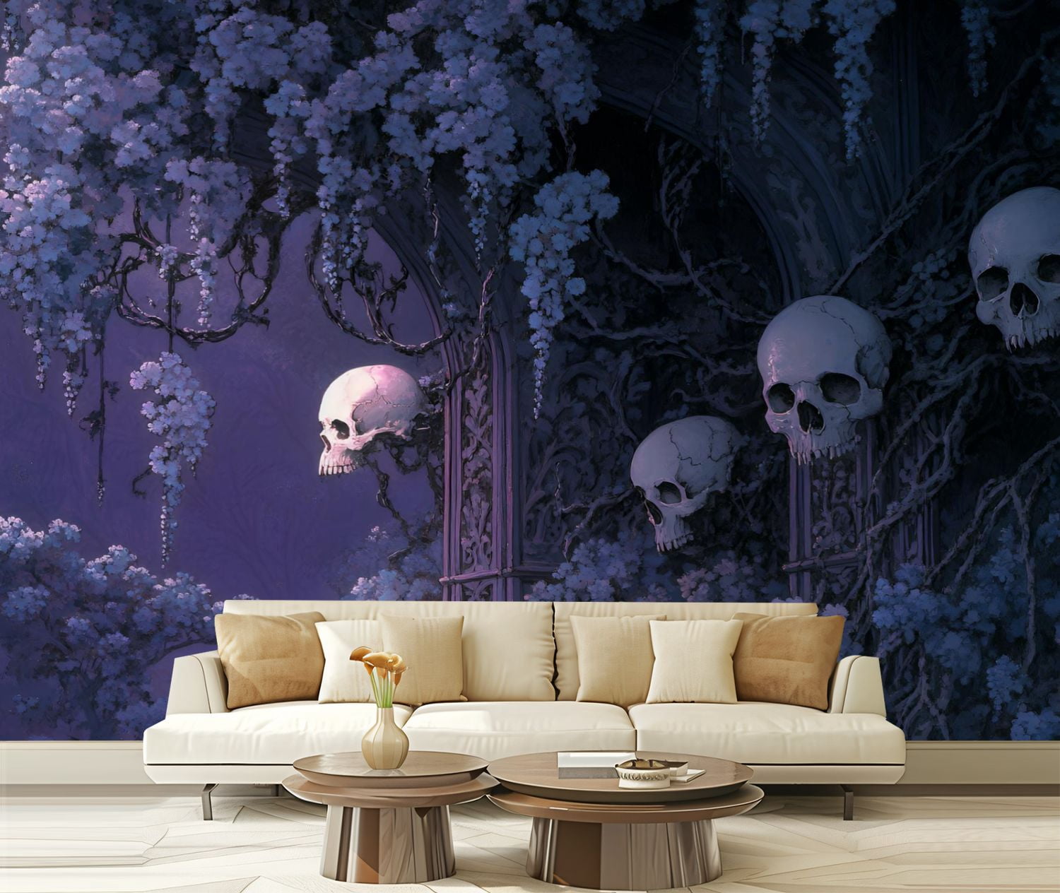 Peel and Stick Wallpaper Canvas Moody Gothic Skulls Baroque Flowers ...