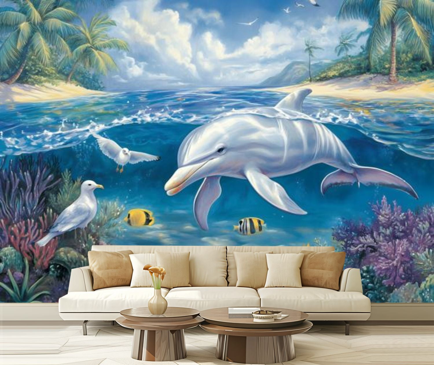 Peel and Stick Wallpaper Canvas Ocean White Gull Dolphin Wall Mural ...