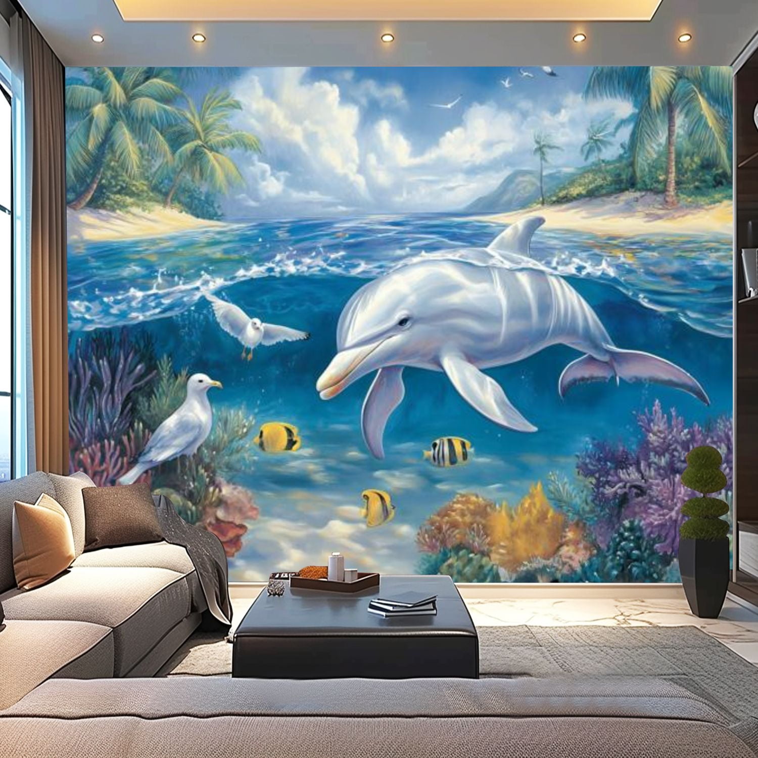 Peel and Stick Wallpaper Canvas Ocean White Gull Dolphin Wall Mural ...