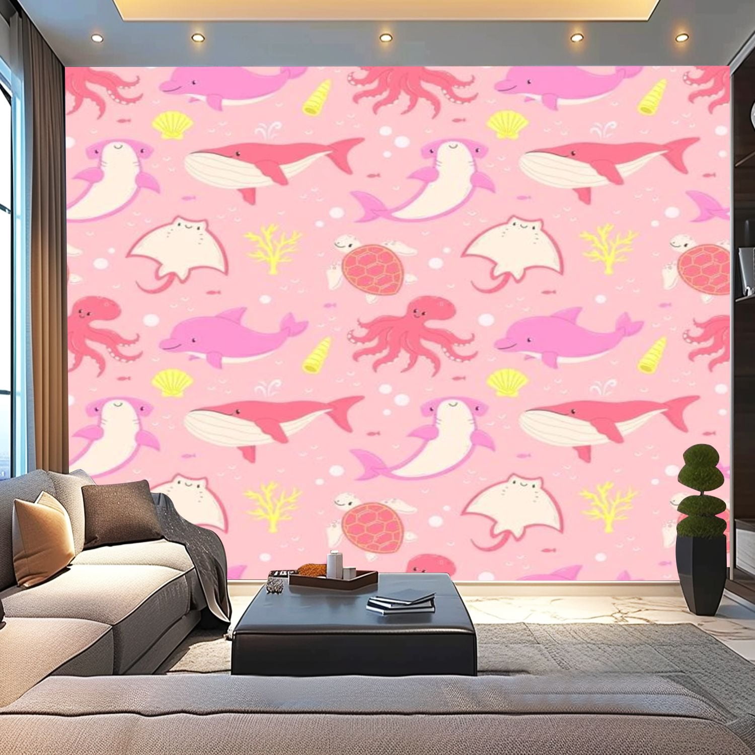 Peel and Stick Wallpaper Canvas Ocean animals seamless cartoon pink ...