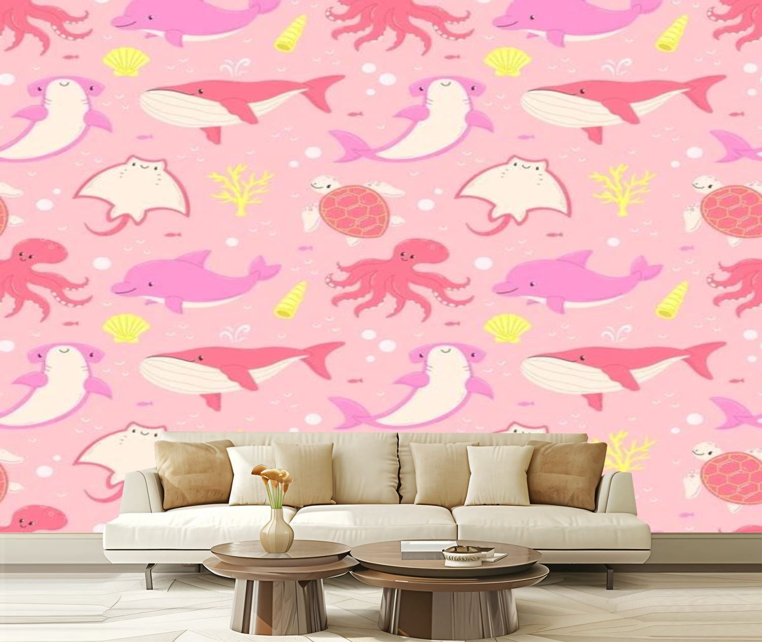 Peel and Stick Wallpaper Canvas Ocean animals seamless cartoon pink ...