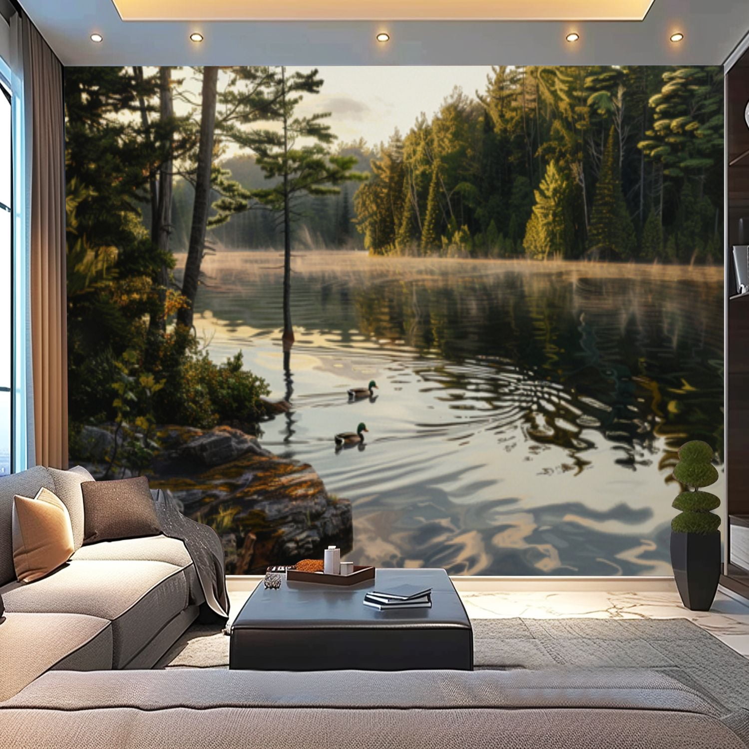 Peel and Stick Wallpaper Canvas Peaceful Pine Lake Ducks Realistic ...
