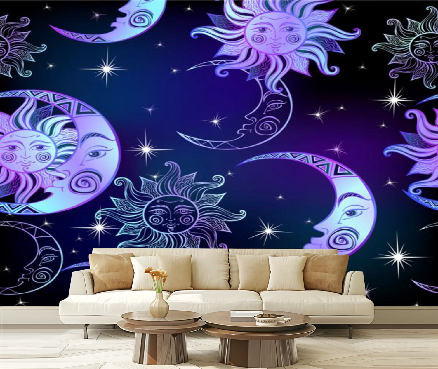 Peel and Stick Wallpaper Canvas Seamless Sun moon stars Space Night sky ...