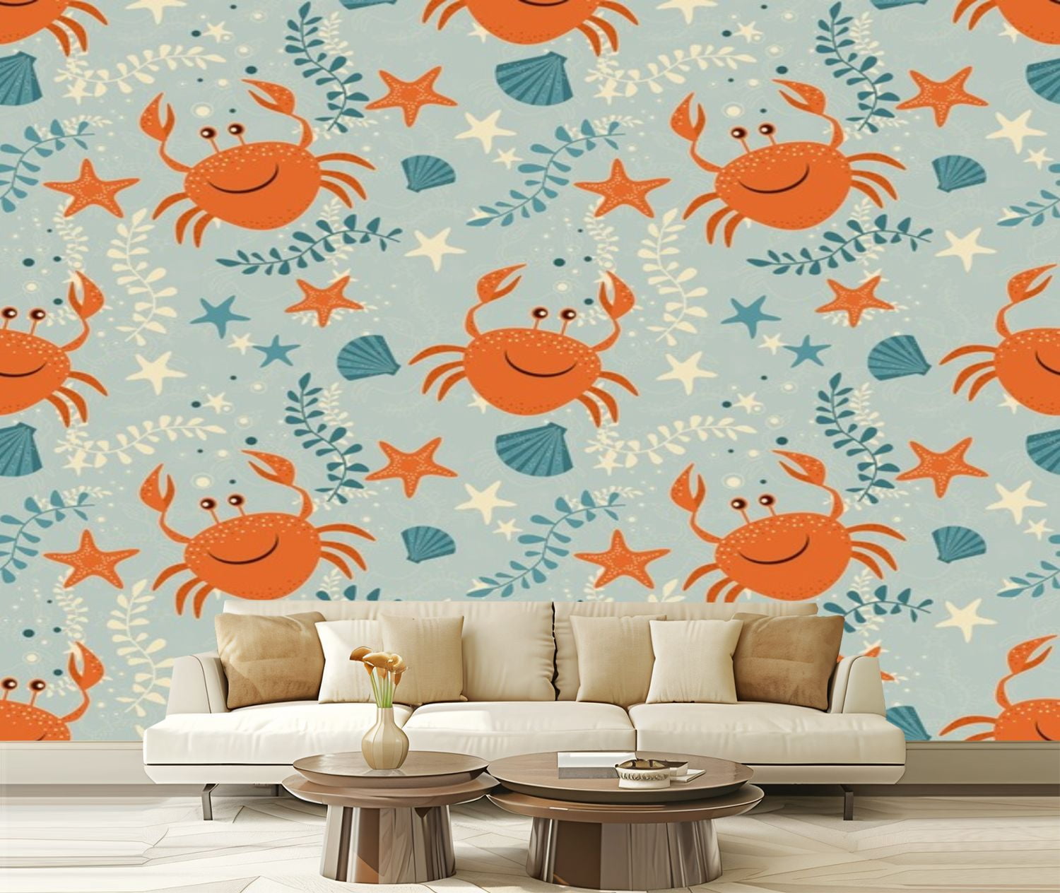 Peel and Stick Wallpaper Canvas Seamless cute sea crab Orange crabs ...