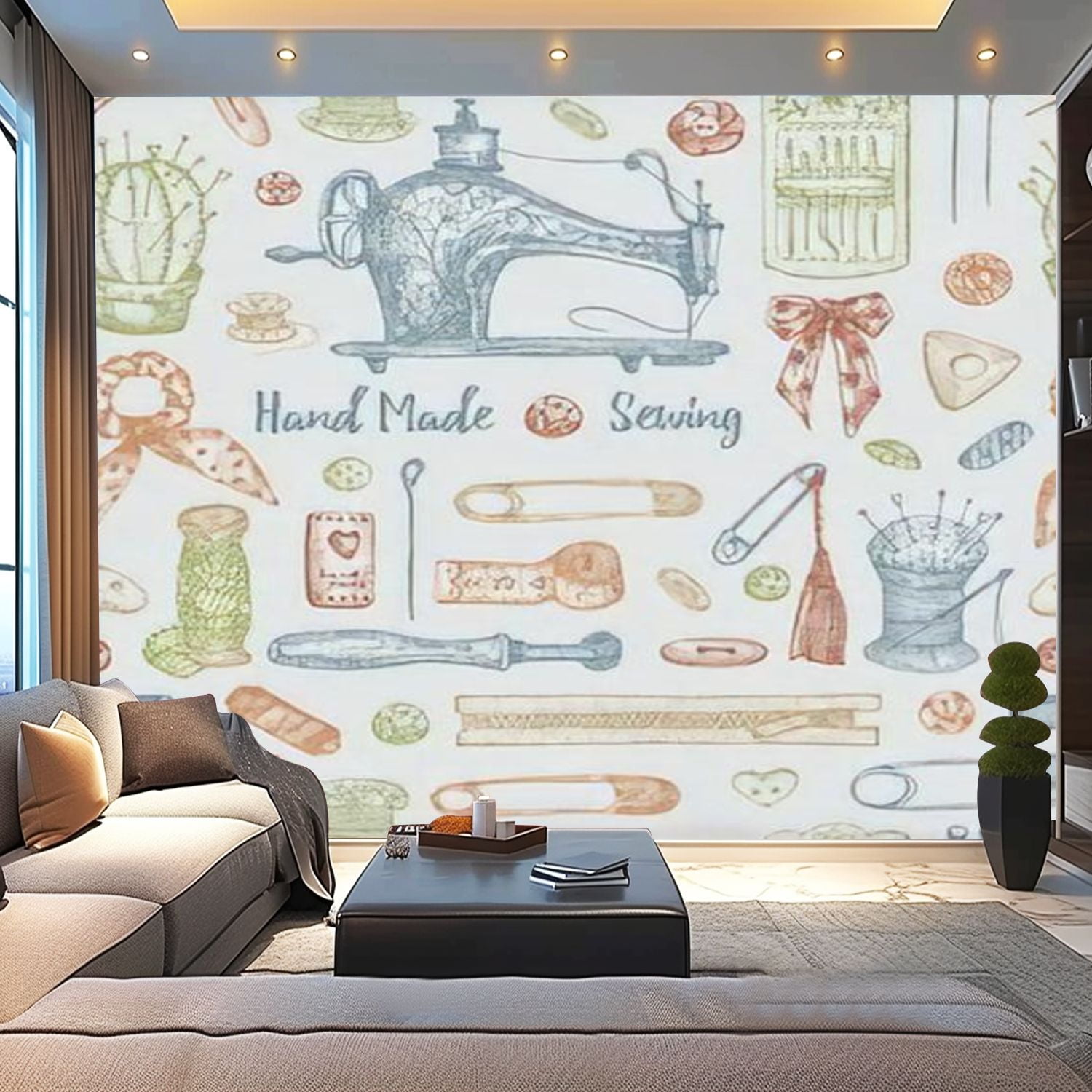 Peel and Stick Wallpaper Canvas Seamless hand drawn vintage sews tools ...