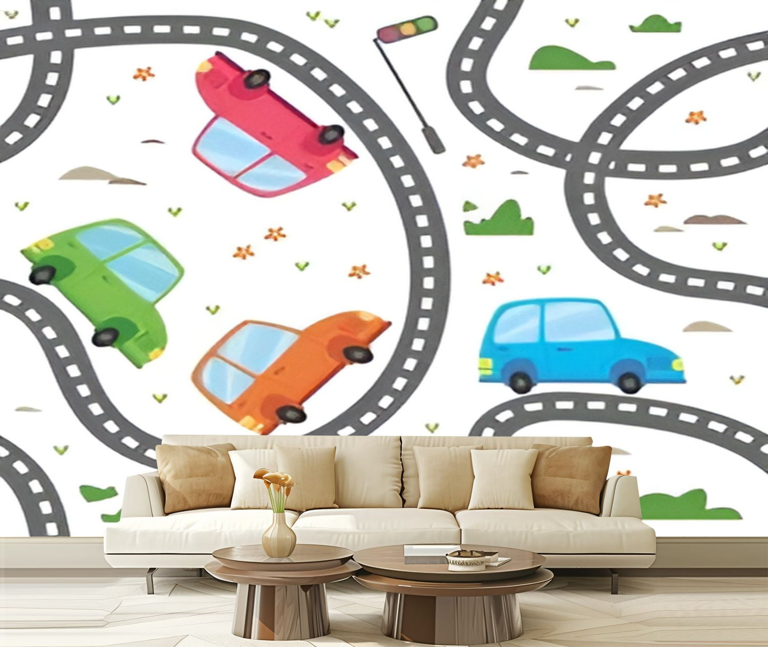 Peel and Stick Wallpaper Canvas Seamless multicolored cartoon cars road ...