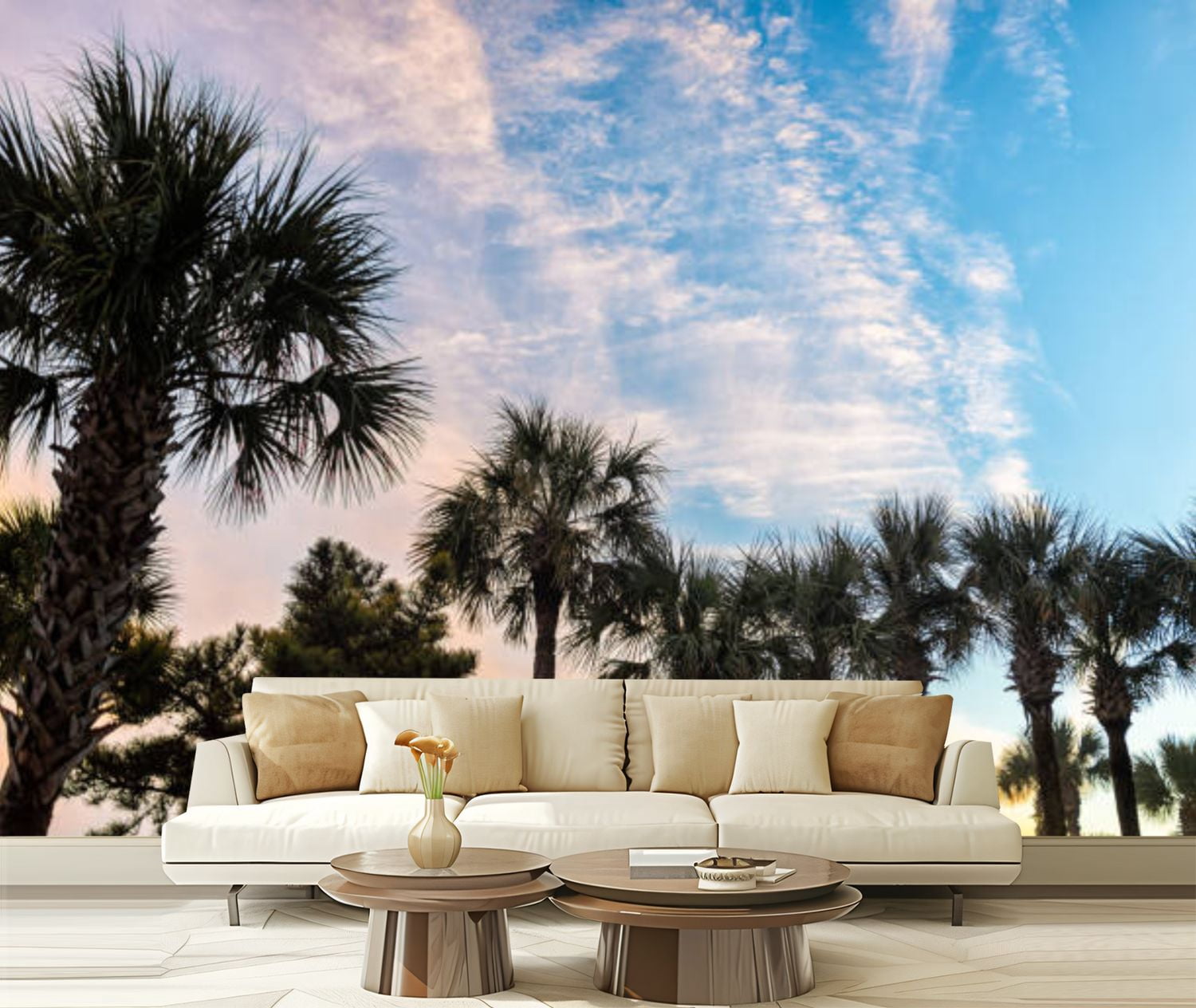 Peel and Stick Wallpaper Canvas Silhouettes palm trees leaves sky ...