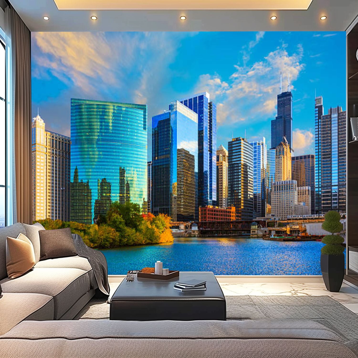 Peel and Stick Wallpaper Canvas Skyscrapers Chicago skyline sunset ...