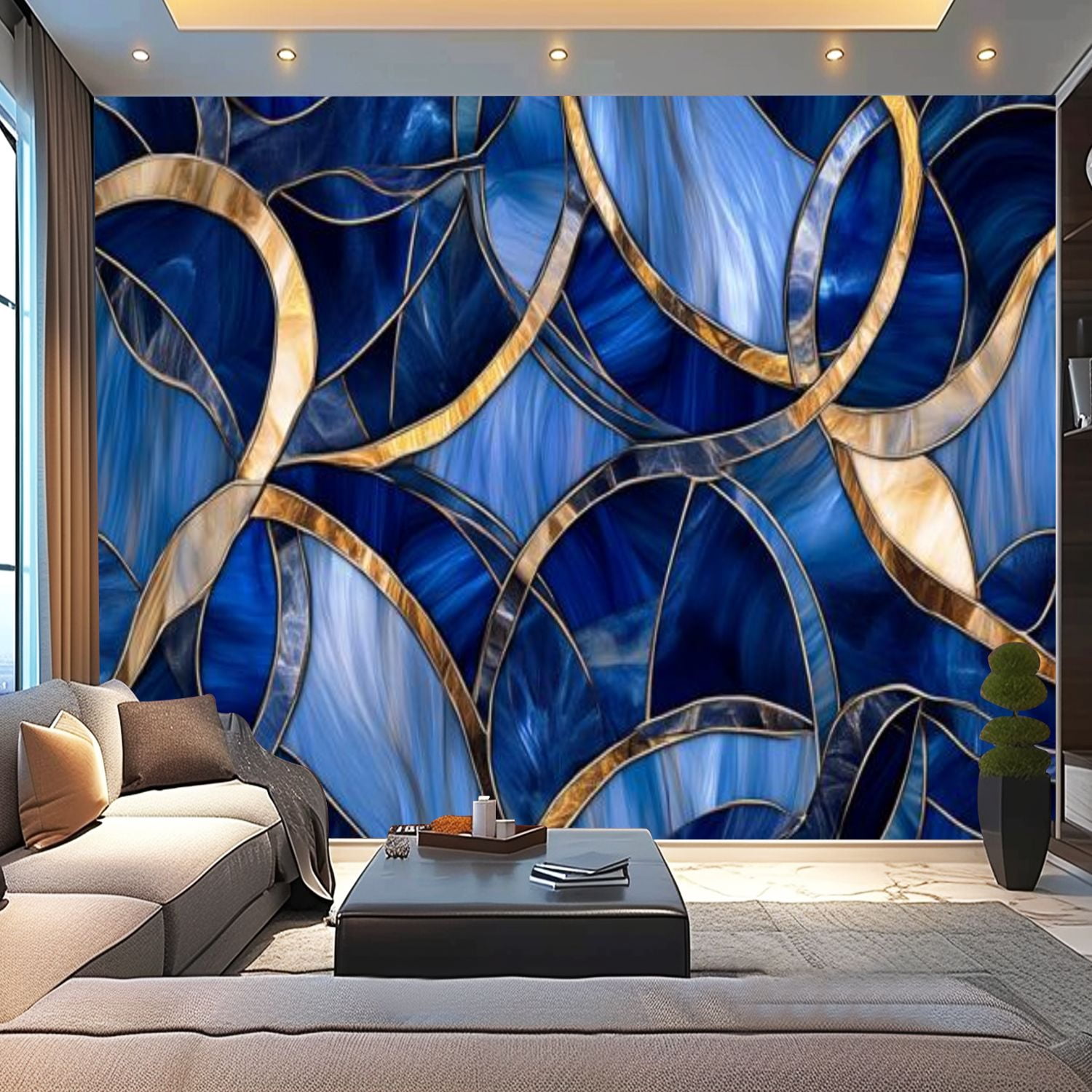 Peel and Stick Wallpaper Canvas Stained Glass Cobalt Blue Abstract ...