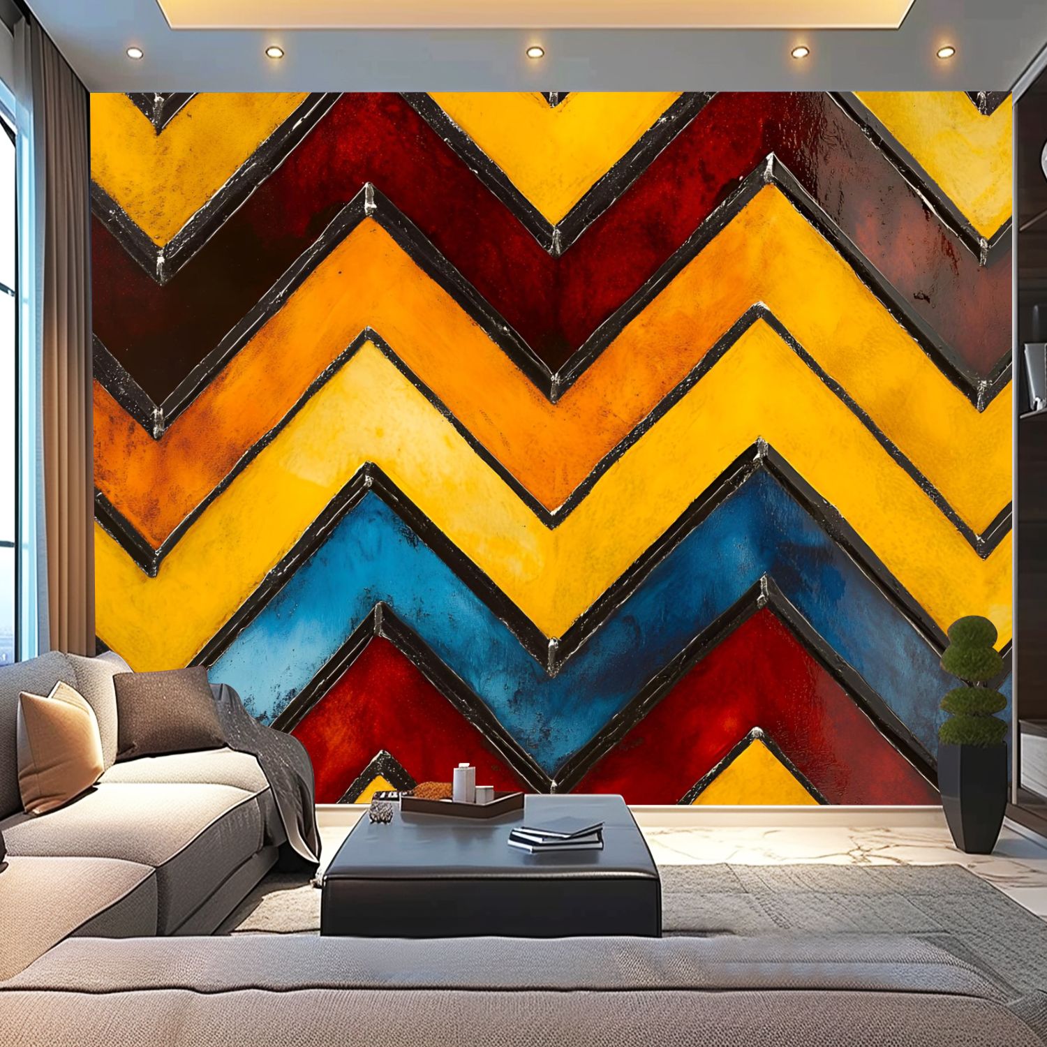 Peel and Stick Wallpaper Canvas Stained Glass Shapes Diagonal Lines ...
