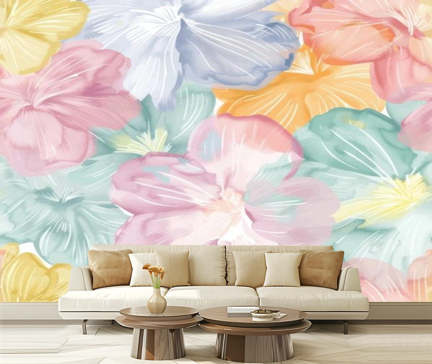 Peel and Stick Wallpaper Canvas Sweet flower watercolor seamless soft ...