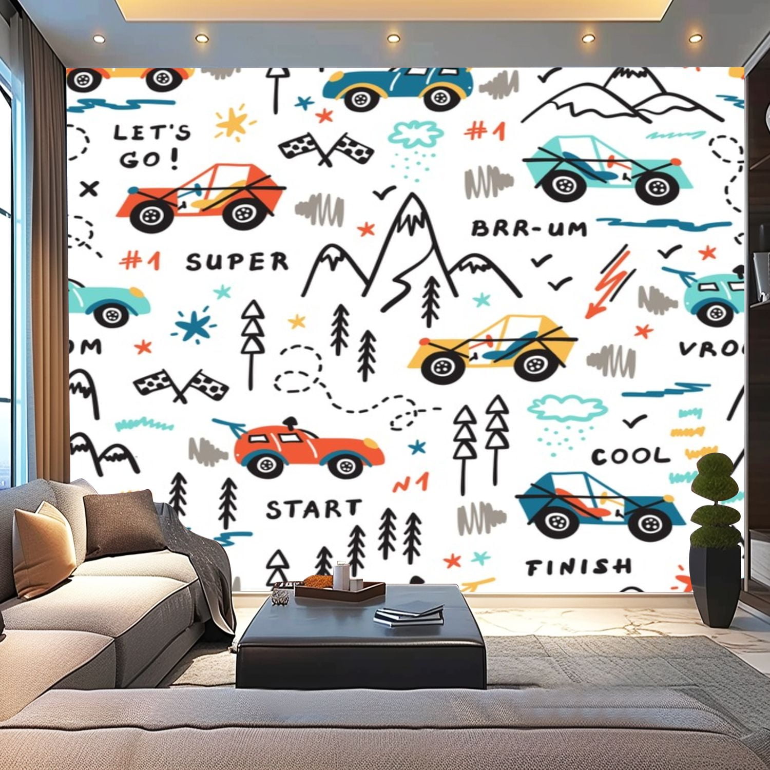 Peel and Stick Wallpaper Canvas Toy Racing Cars Seamless Doodle Buggy ...