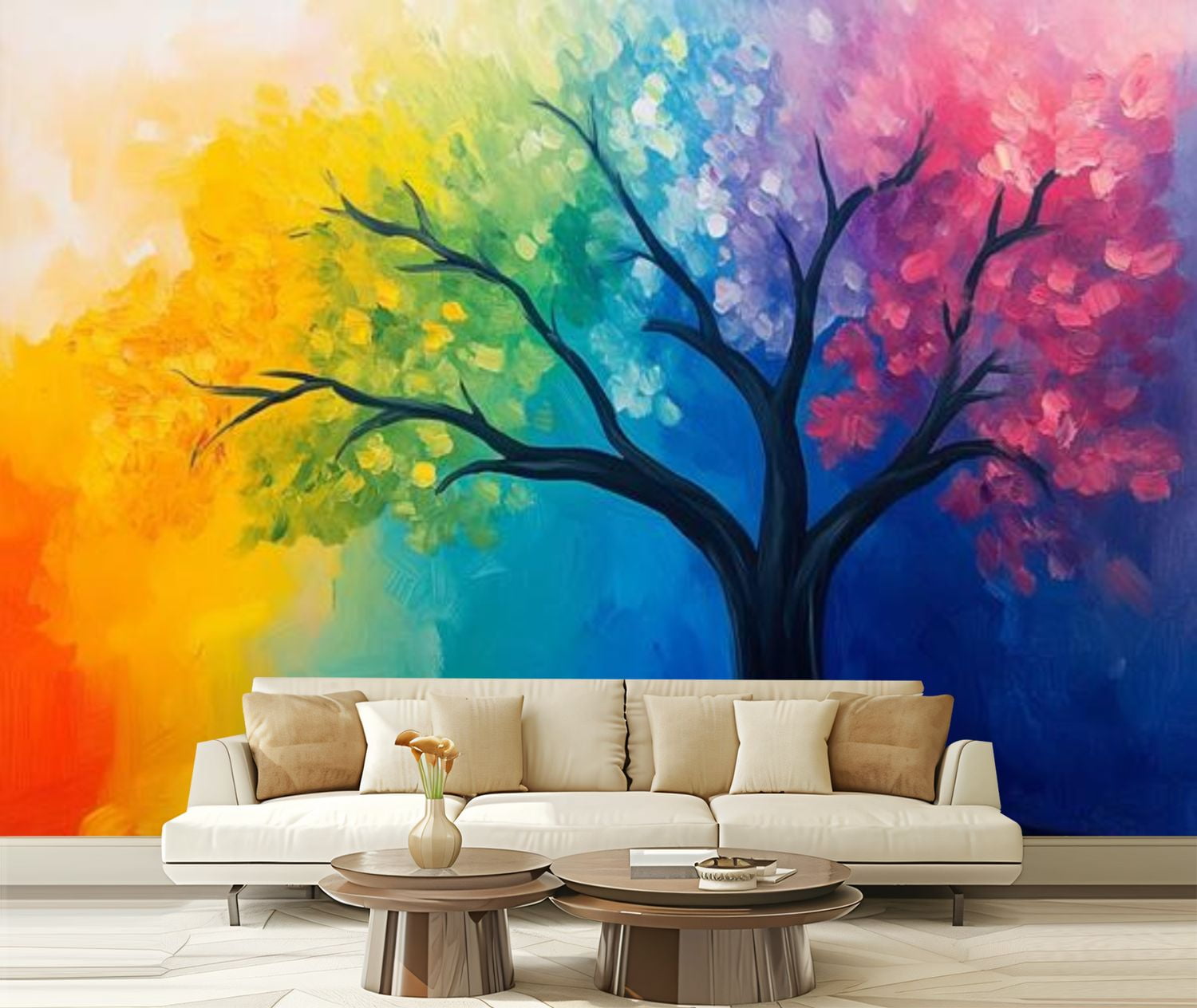 Peel and Stick Wallpaper Canvas Tree Art Colorful Rainbow Leaves ...