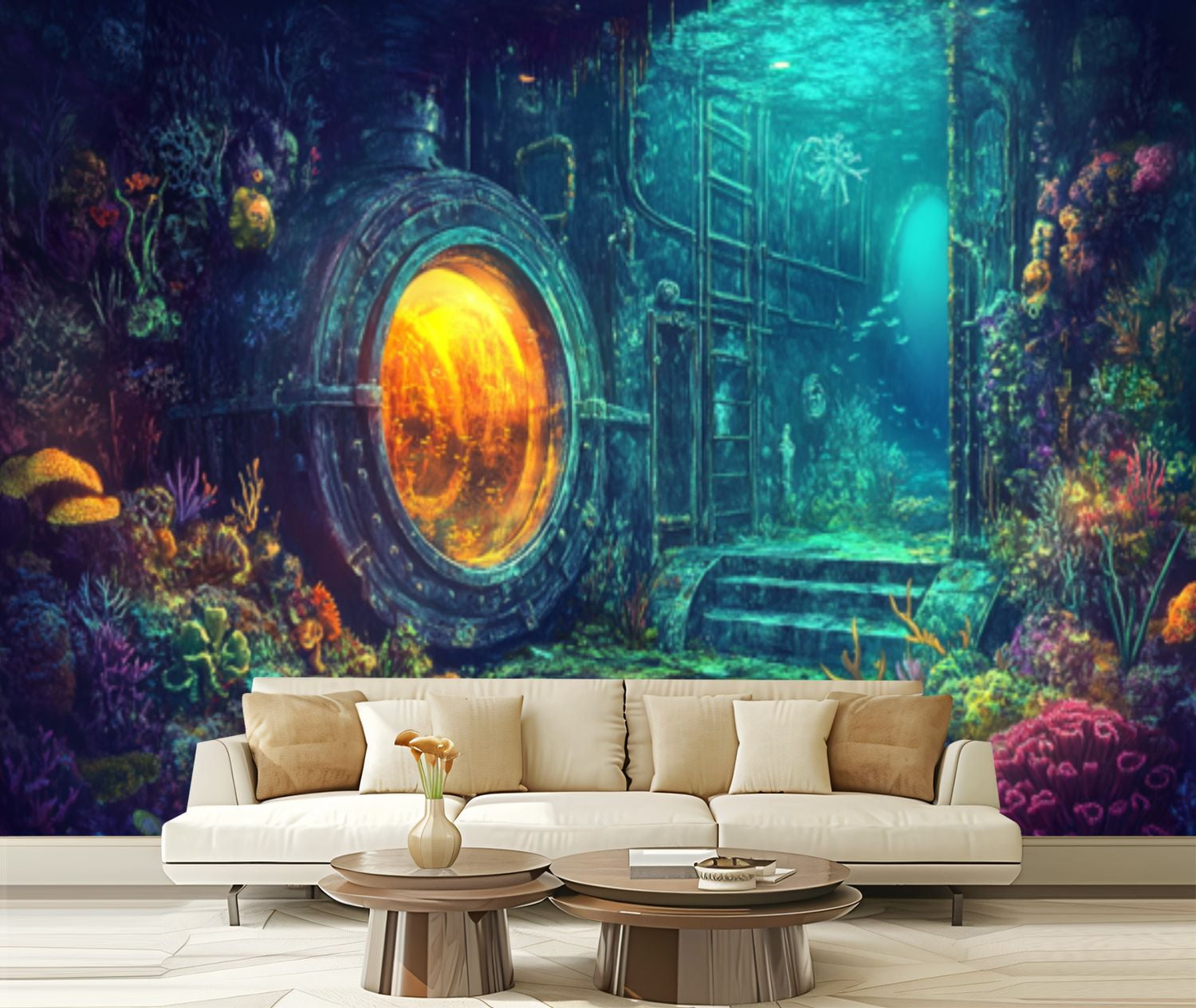 Peel and Stick Wallpaper Canvas Undersea Victorian Submarine Warm Glow ...