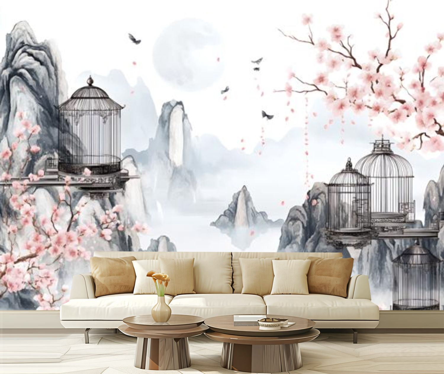 Peel and Stick Wallpaper Canvas White Peach Blossm Flowers Chinese ...