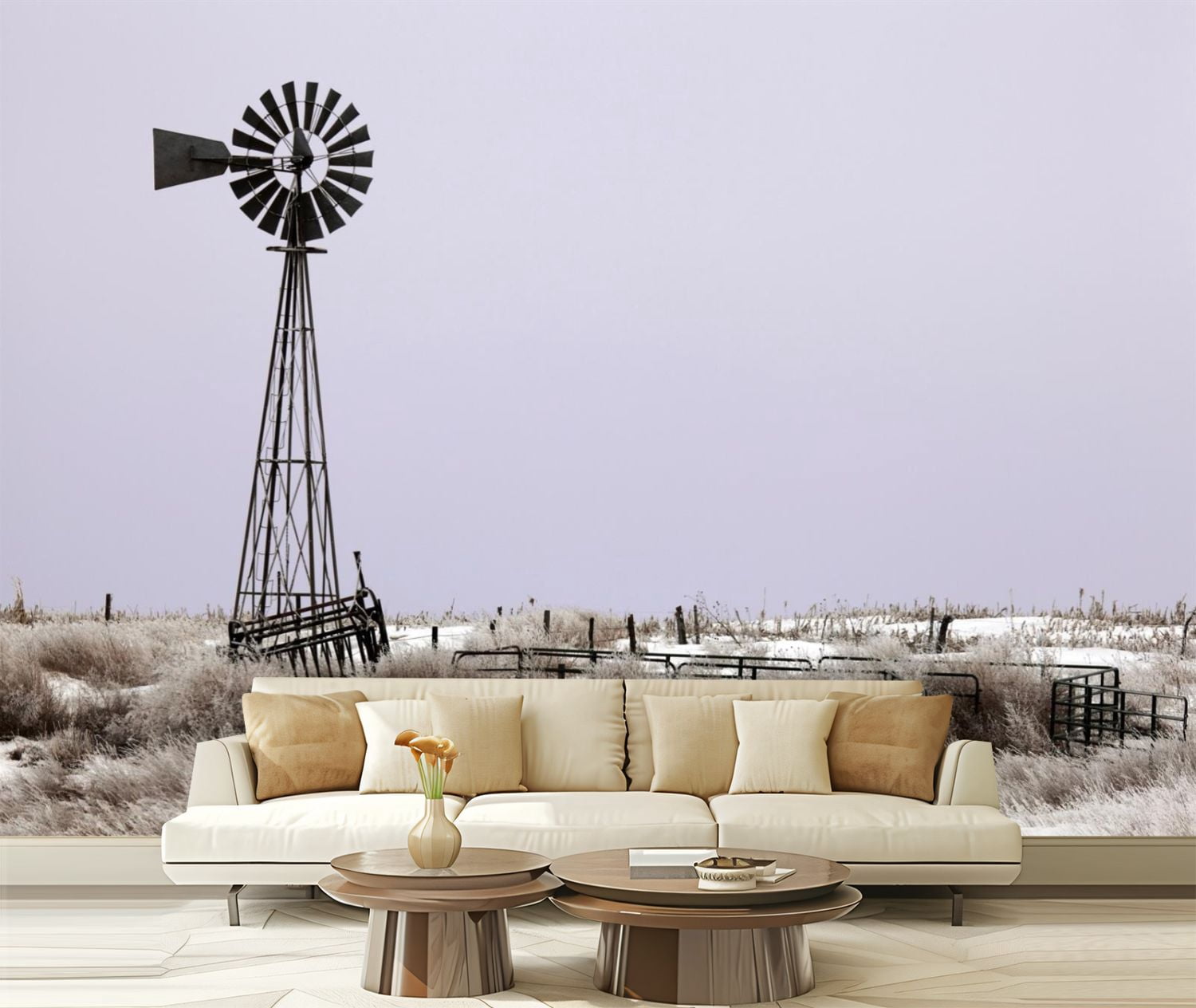 Peel and Stick Wallpaper Canvas Windmill grassland purple sunrise ...