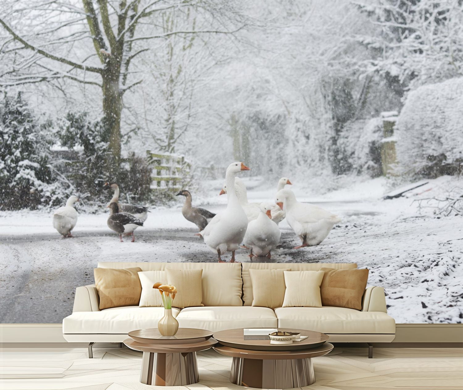 Peel and Stick Wallpaper Canvas Winter geese puddle Rural Scene Bird ...