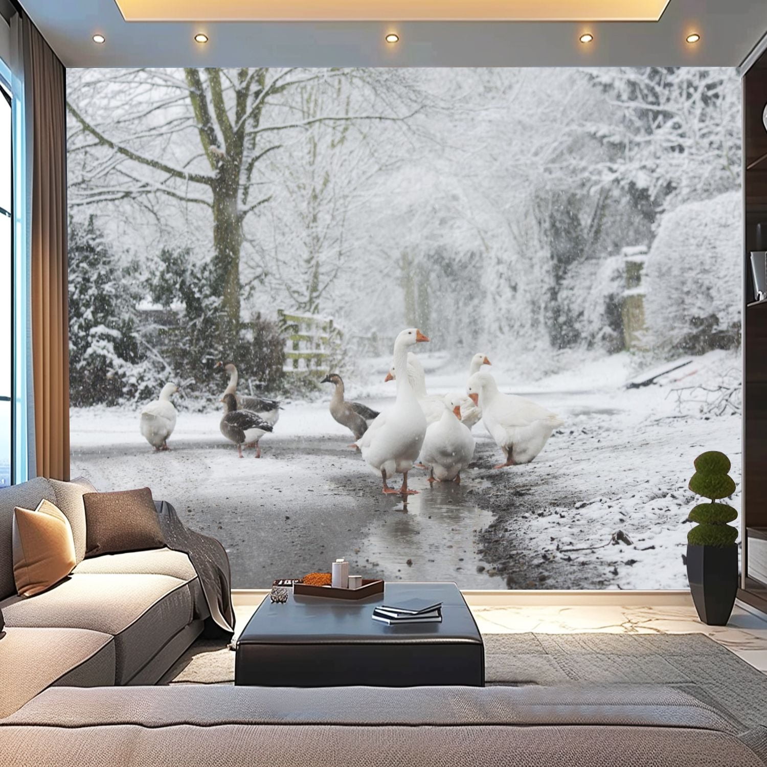 Peel and Stick Wallpaper Canvas Winter geese puddle Rural Scene Bird ...