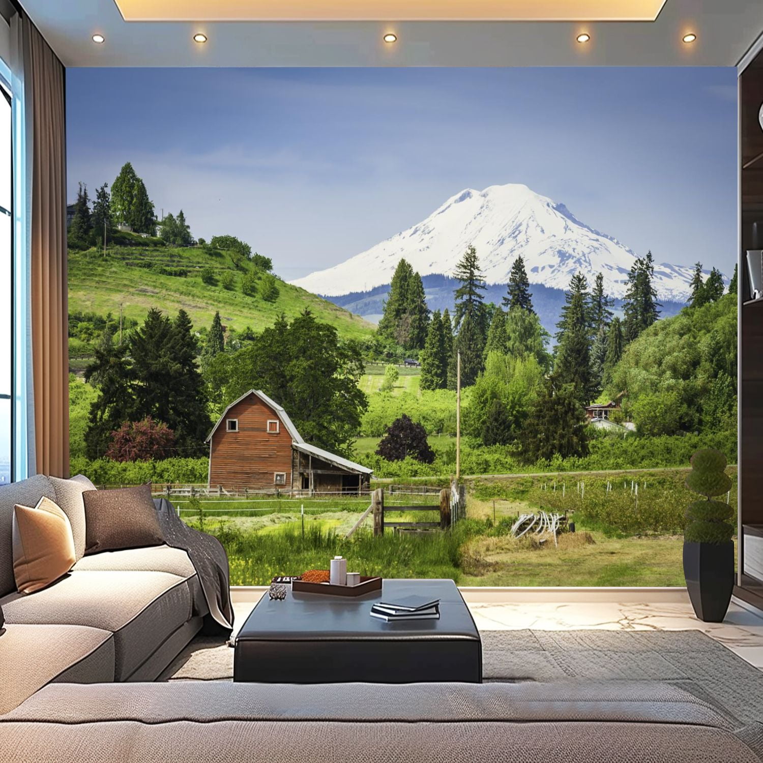 Peel and Stick Wallpaper Canvas Wooden red barn green pasture farmland ...