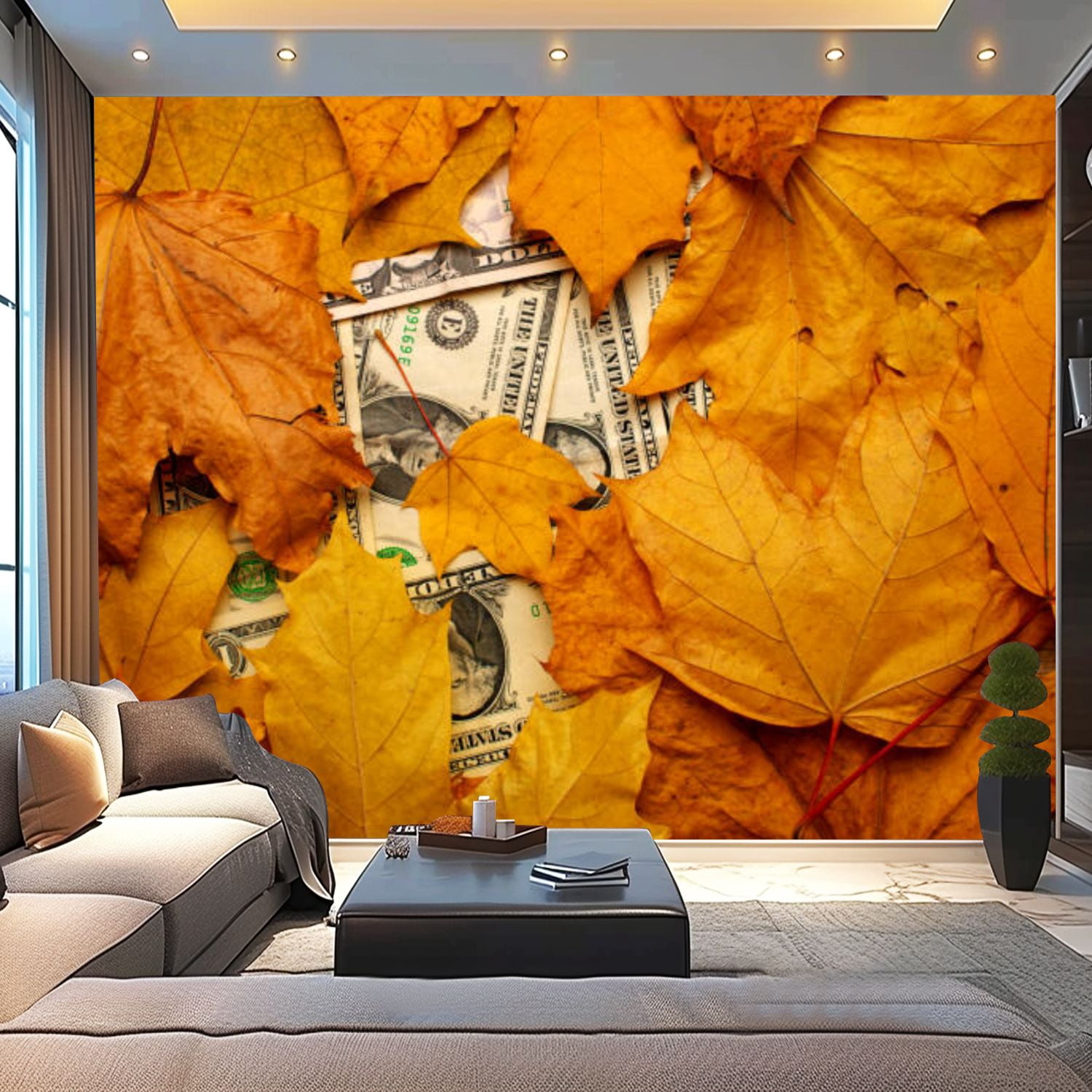 Peel and Stick Wallpaper Canvas dollar banknotes under fallen leaves ...