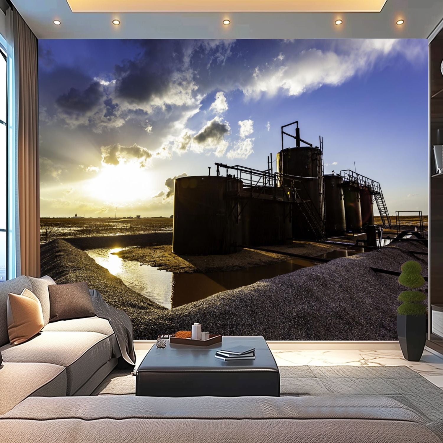 Peel and Stick Wallpaper Canvas farm oil storage tanks stormy sunset ...