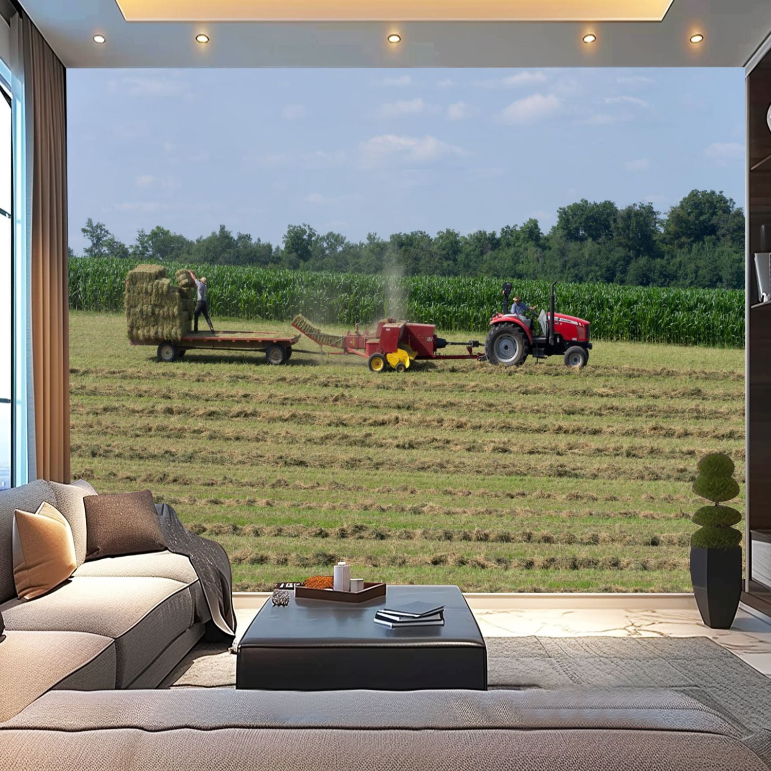 Peel and Stick Wallpaper Canvas farmers baling hay covered wagon ...
