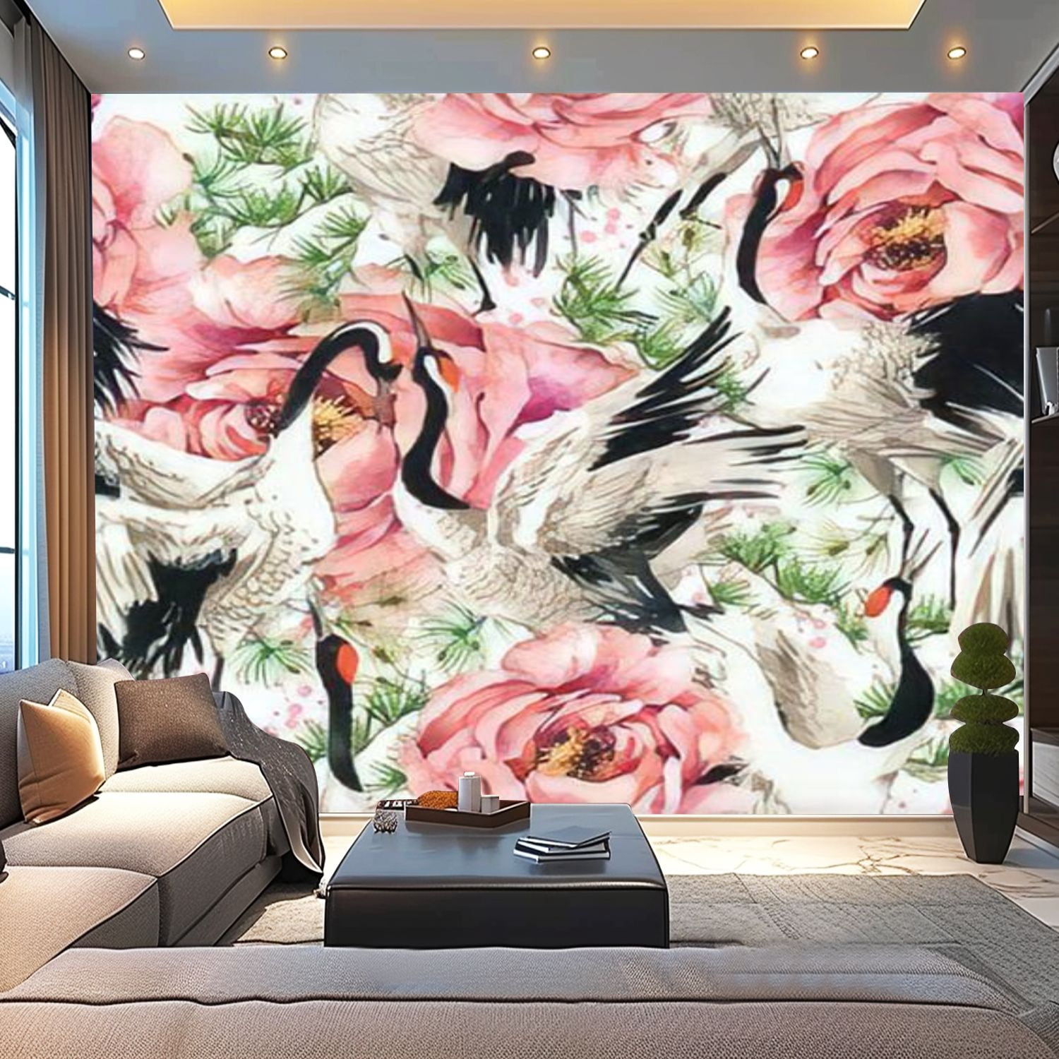 Peel and Stick Wallpaper Canvas seamless japanese cranes bird roses ...