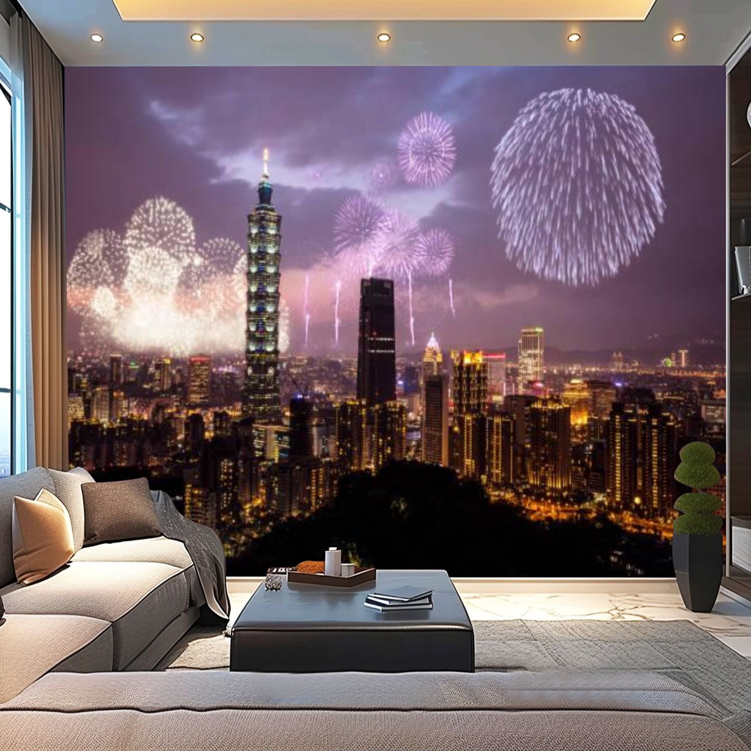 Peel and Stick Wallpaper Canvas taipei taiwan cityscape night fireworks ...