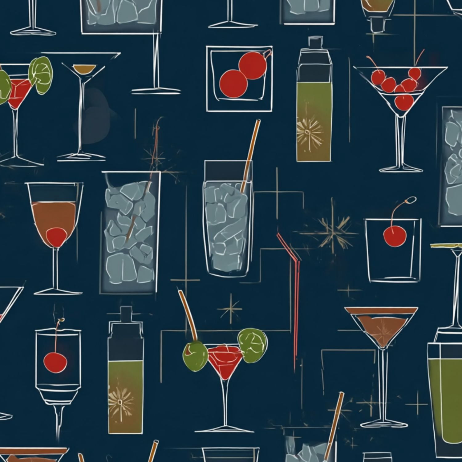 Peel and Stick Wallpaper Cocktail Glasses Drink Patterns Cherries ...