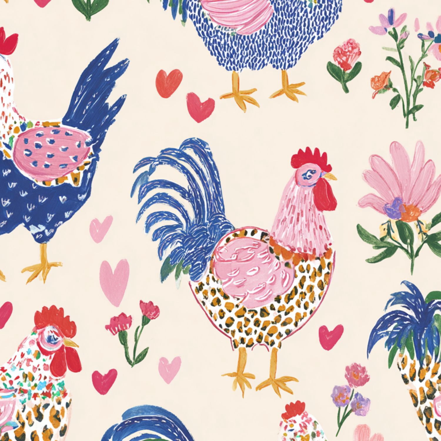 Peel and Stick Wallpaper Colorful Hand Drawn Roosters Floral Accents ...