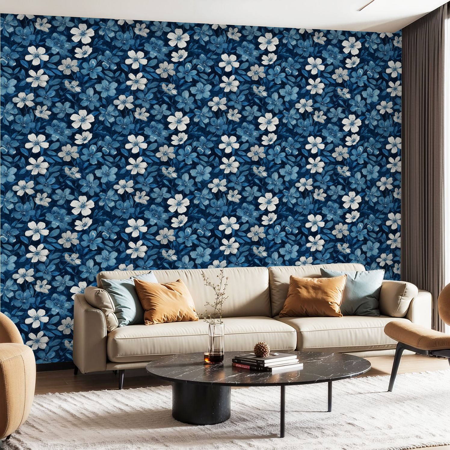 Peel and Stick Wallpaper Contact Paper Neutral Navy Floral Navy Blue ...