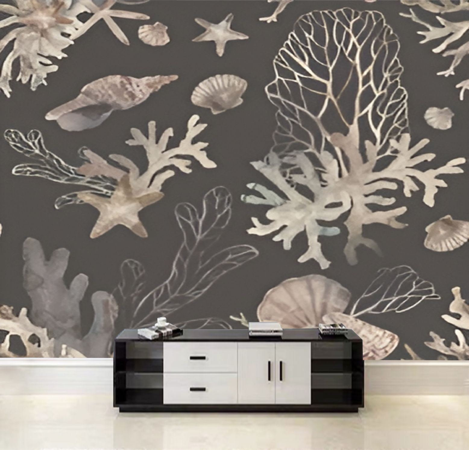 Peel and Stick Wallpaper Corals seashells watercolor Seamless pattern ...