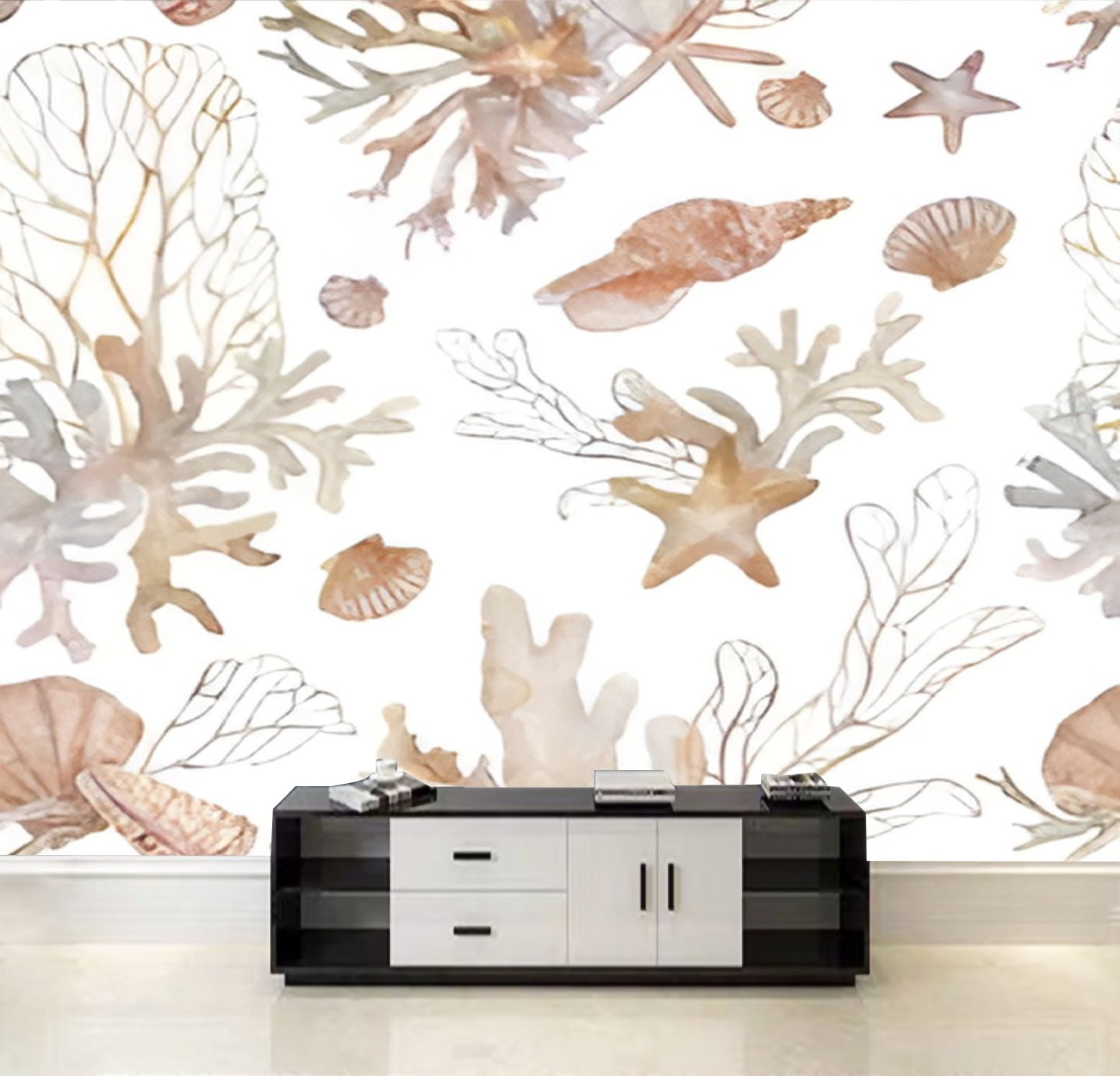 Peel and Stick Wallpaper Corals seashells watercolor Seamless pattern ...