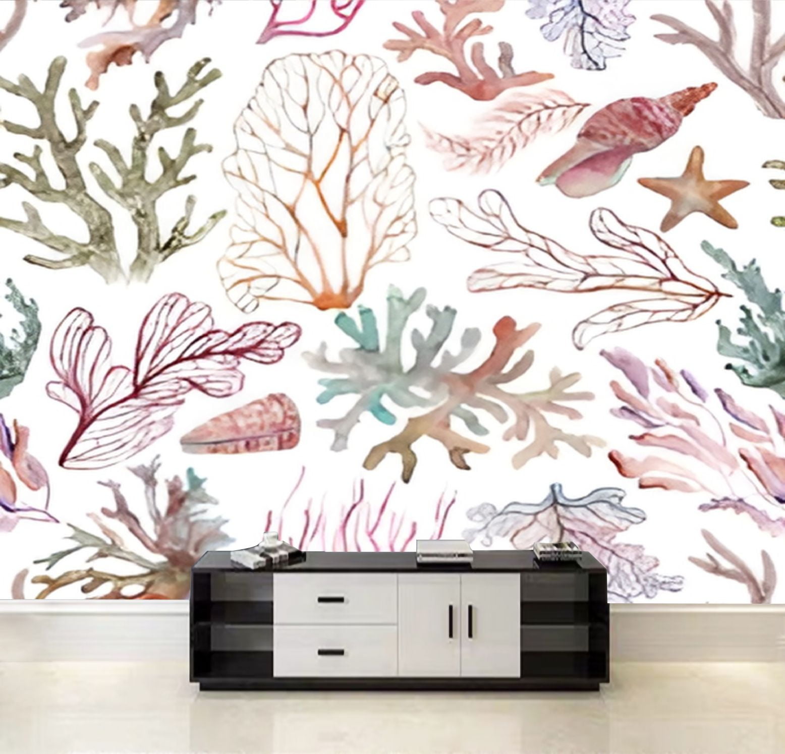 Peel and Stick Wallpaper Corals seashells watercolor Seamless pattern ...