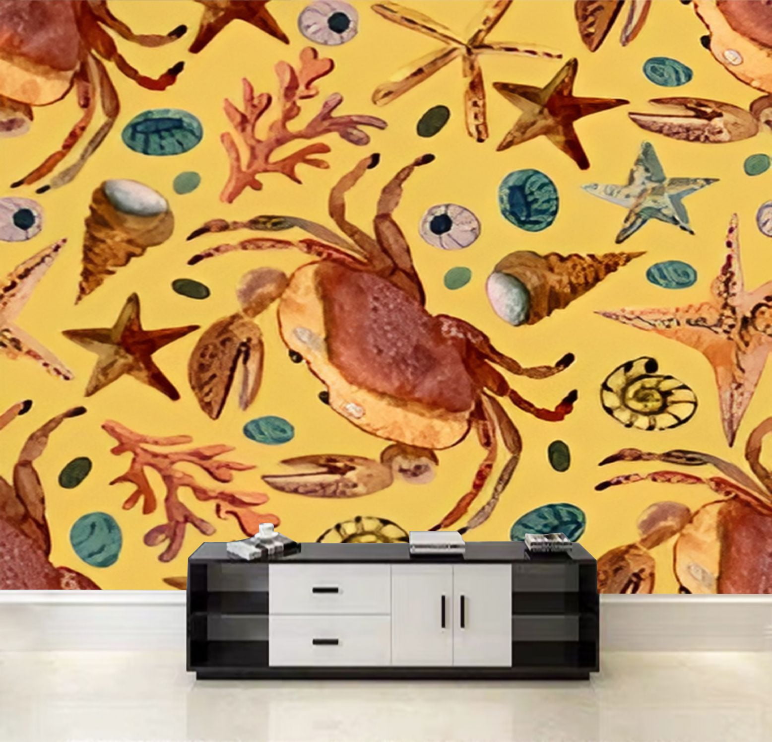 Peel and Stick Wallpaper Crab shells seaweed anchor marine life ...