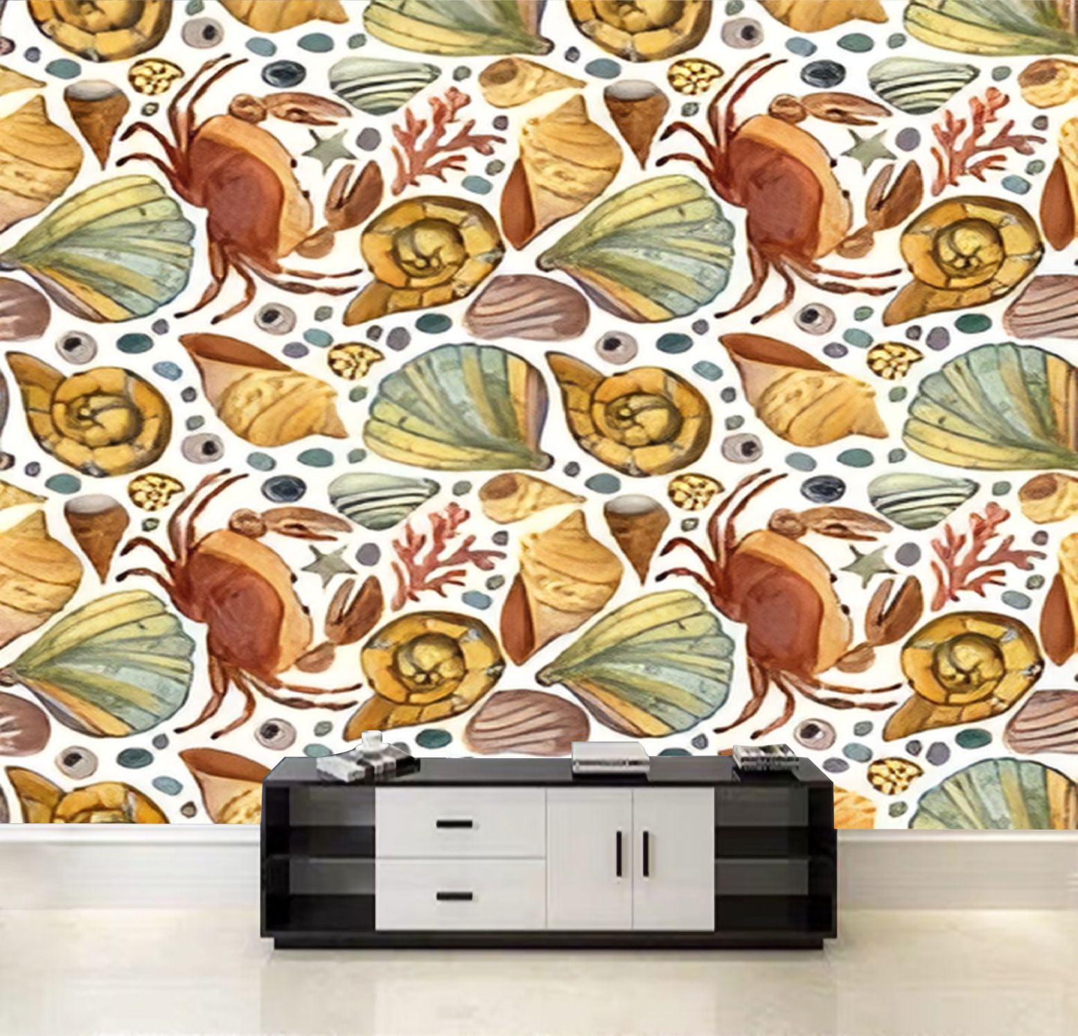 Peel and Stick Wallpaper Crab shells seaweed jellyfish anchor marine ...