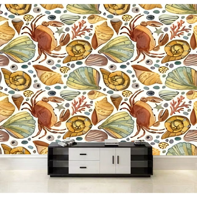 Peel and Stick Wallpaper Crab shells seaweed jellyfish anchor marine ...