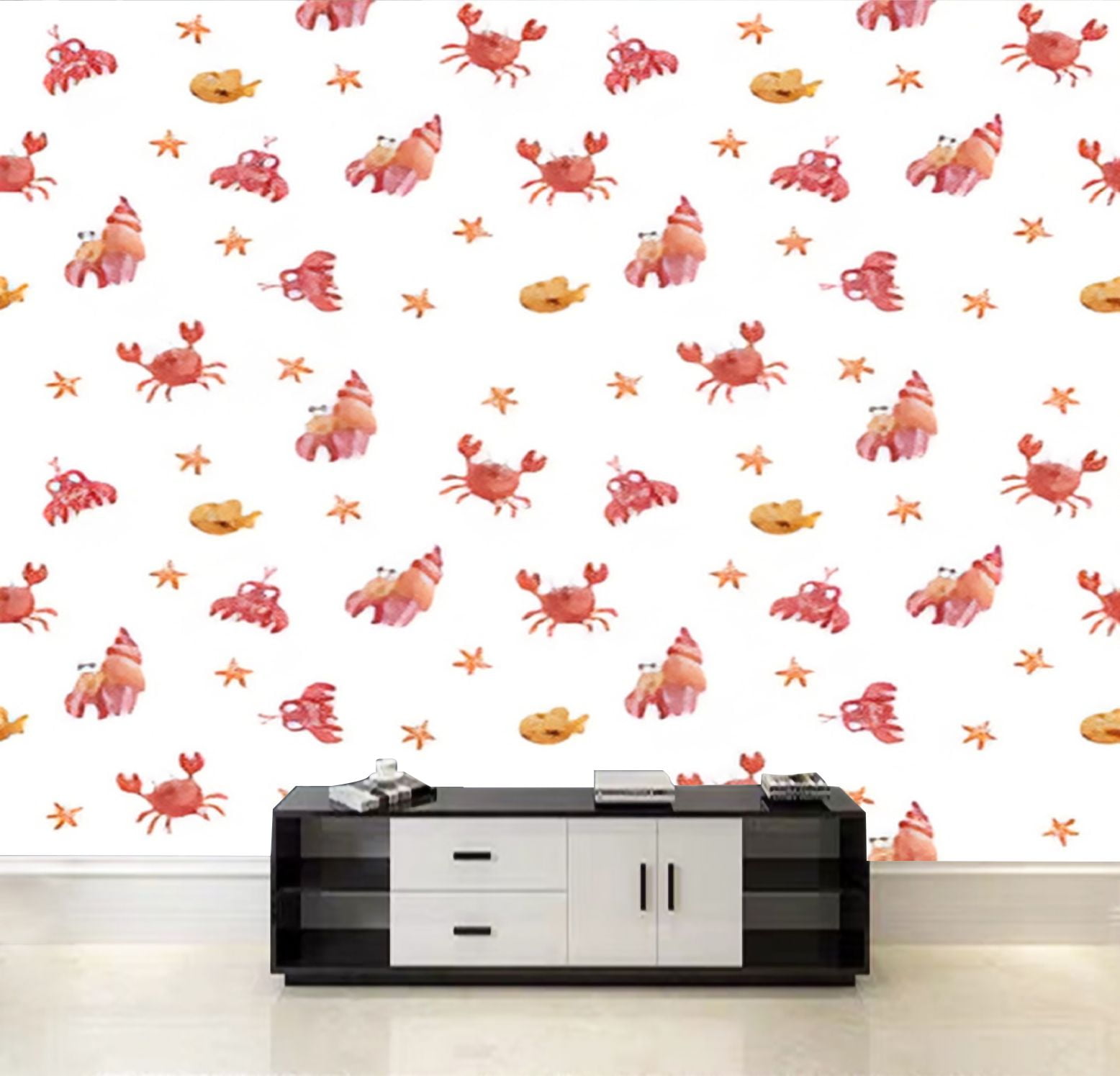 Peel and Stick Wallpaper Cute watercolor hand drawn pattern underwater characters like crabs ...